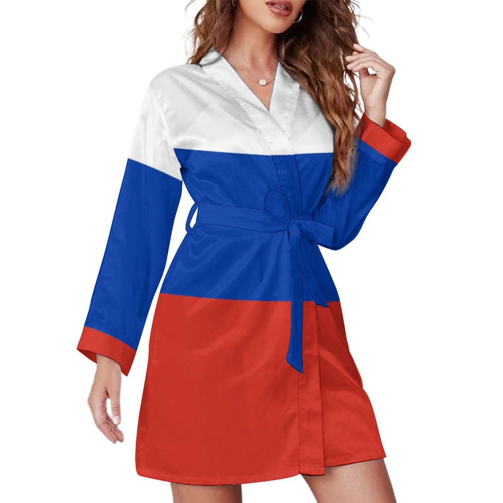 Flag of Russia Night Robe Long Sleeve V Neck Robe With Belt Women's ...
