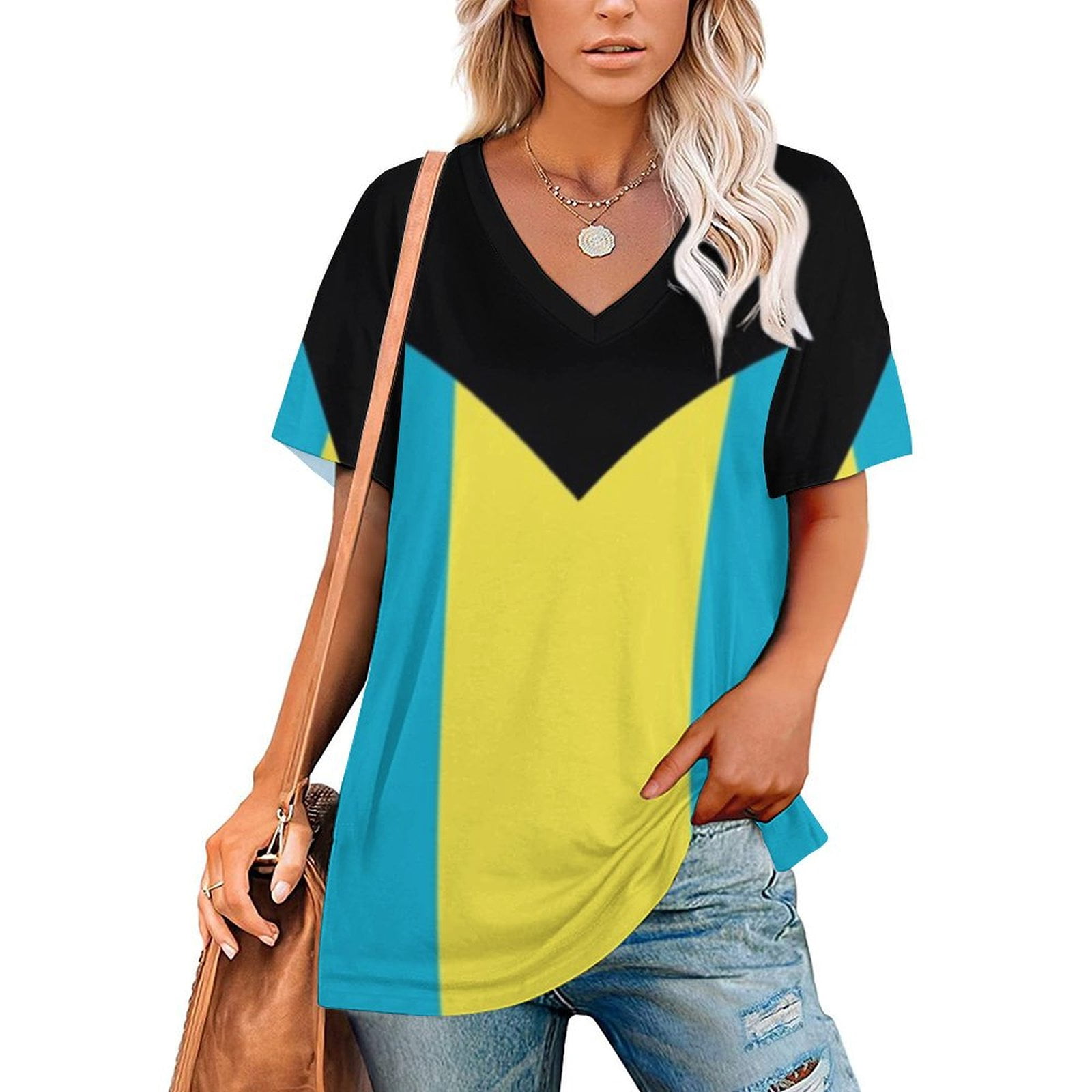 Flag of The Bahamas Fashion Female T-Shirt Short Sleeve Lady V Neck ...