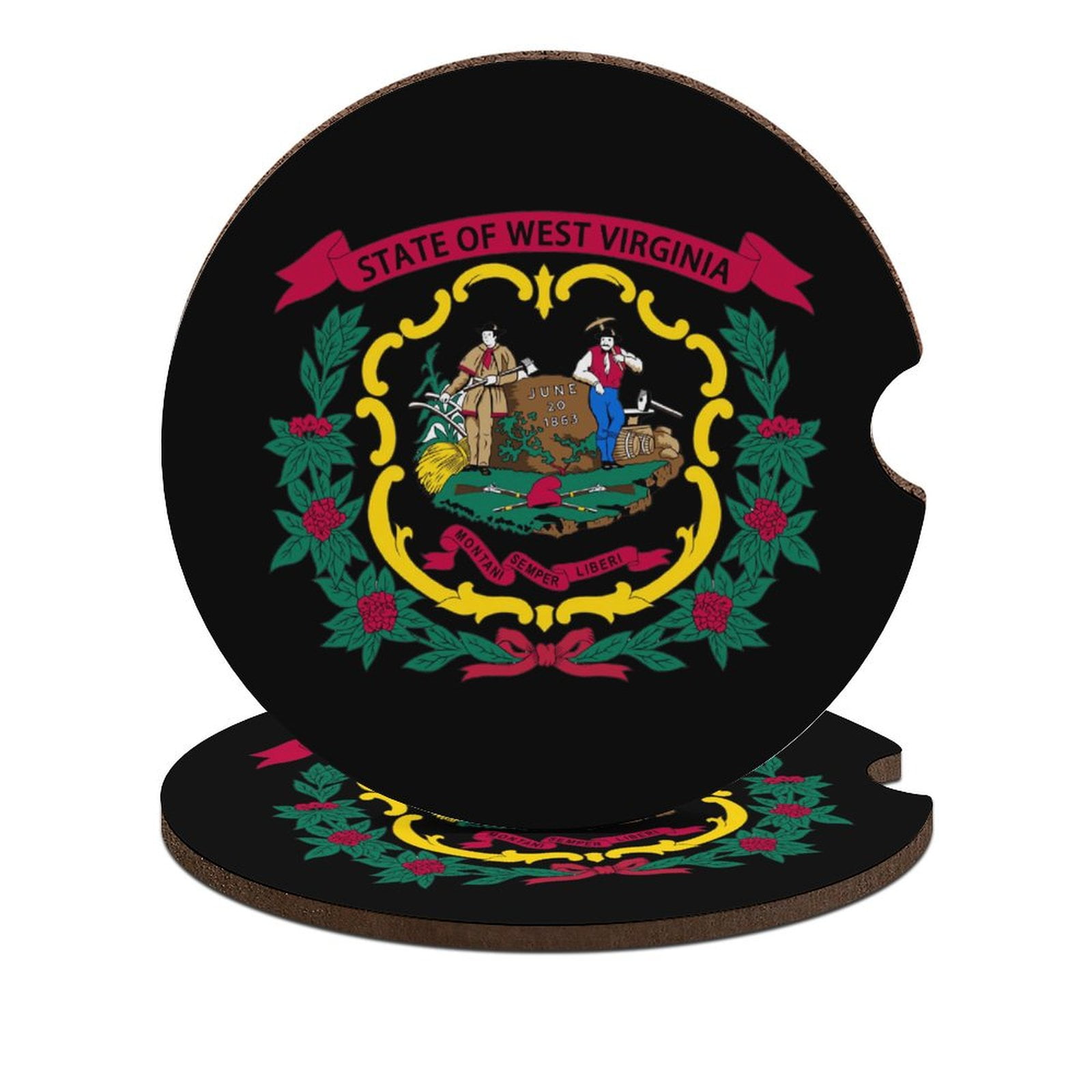 Flag of West Virginia Logo Car Coasters for Drinks with A Finger Notch ...