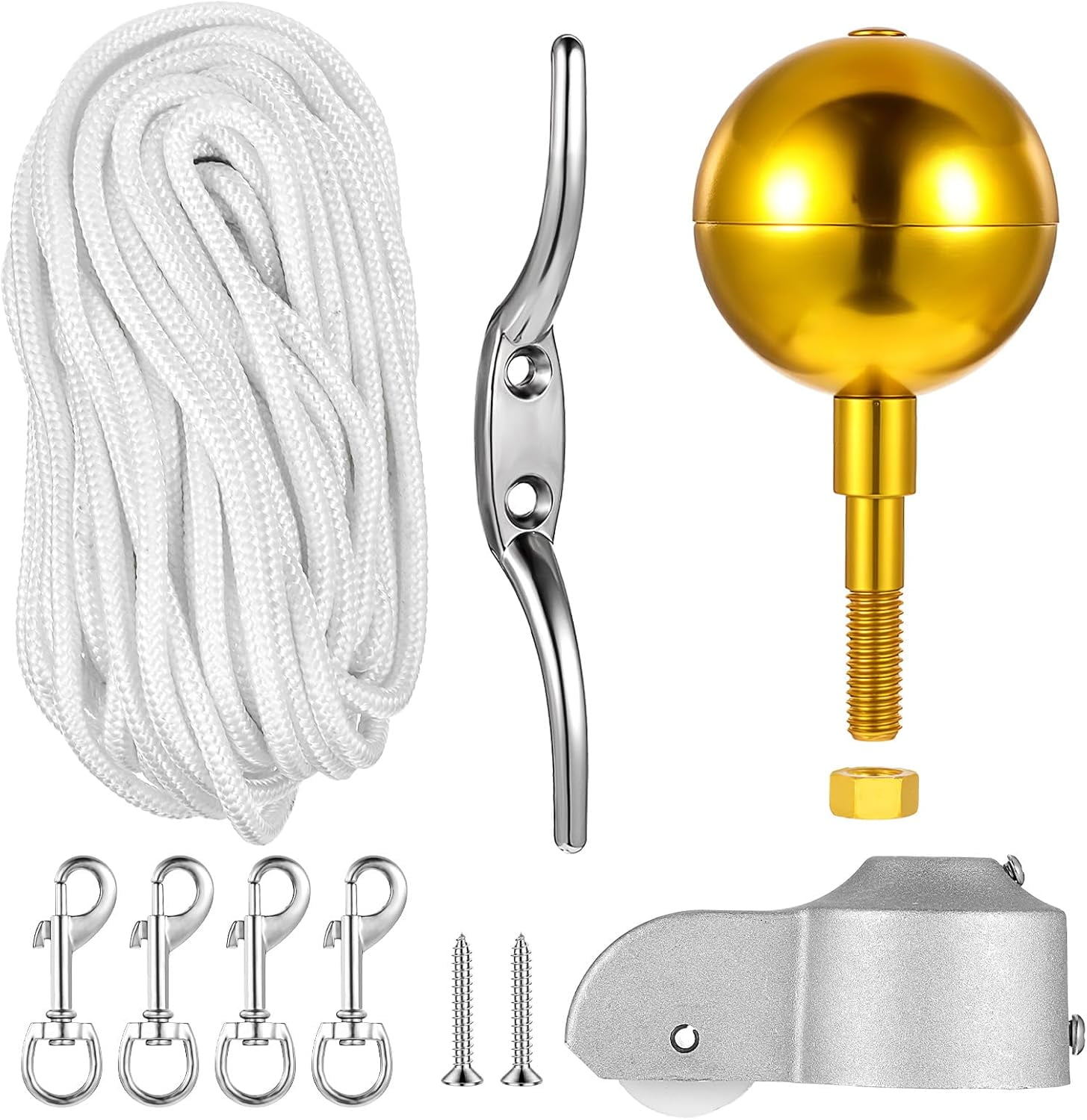 Flagpole Hardware Repair Parts Kit,50 Feet Halyard Rope+3" Gold Ball+6 ...