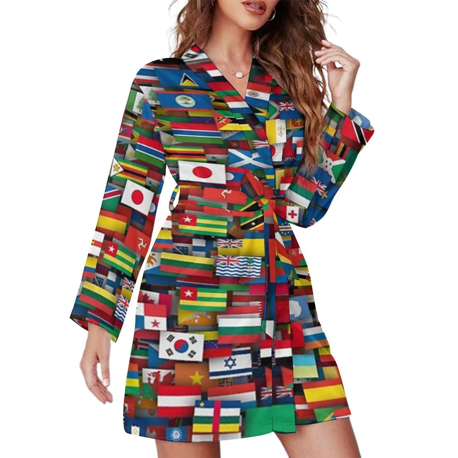 Flags of All Countries of The World Night Robe Long Sleeve V Neck Robe ...