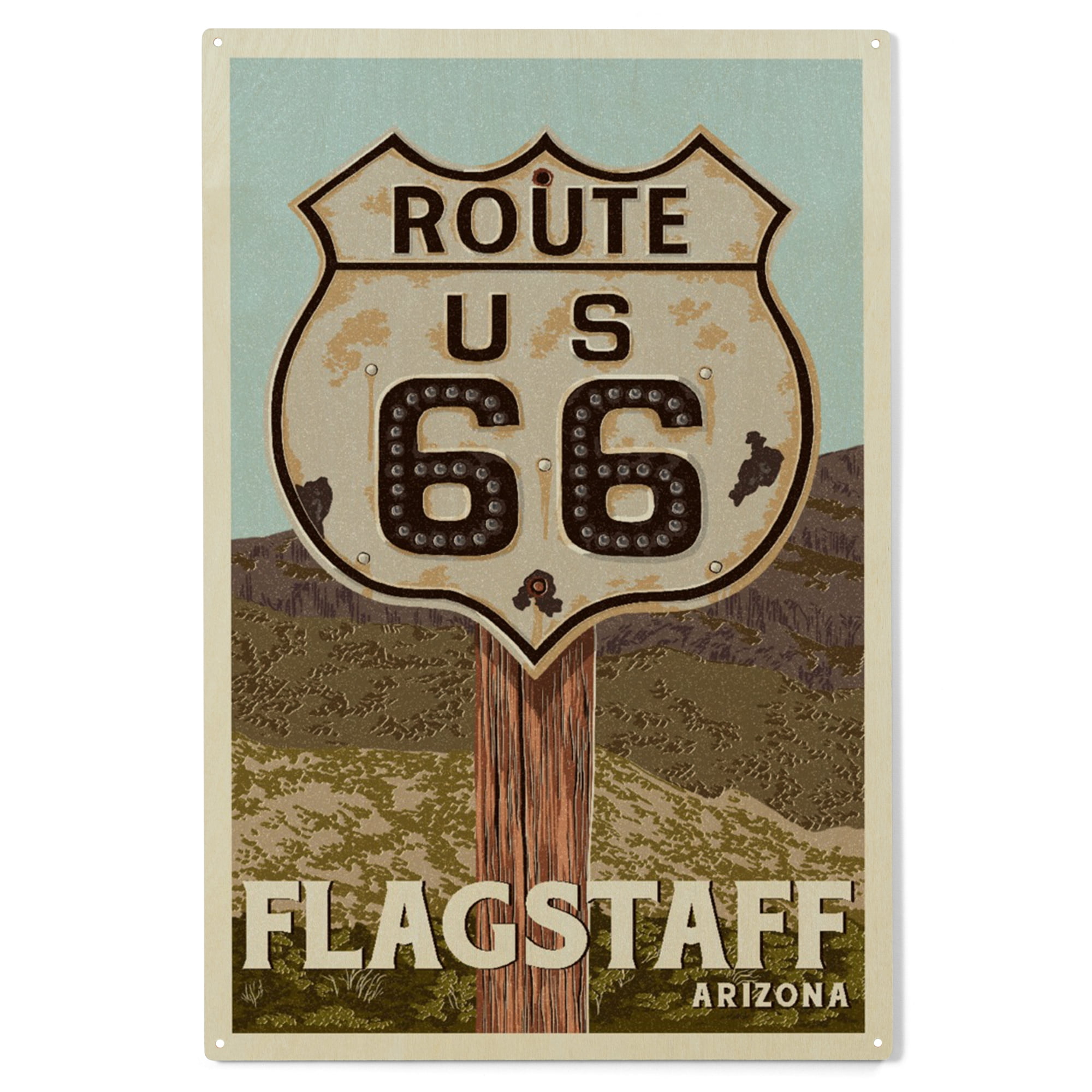 Flagstaff, Arizona, Route 66, Letterpress Birch Wood Wall Sign (10x15 ...