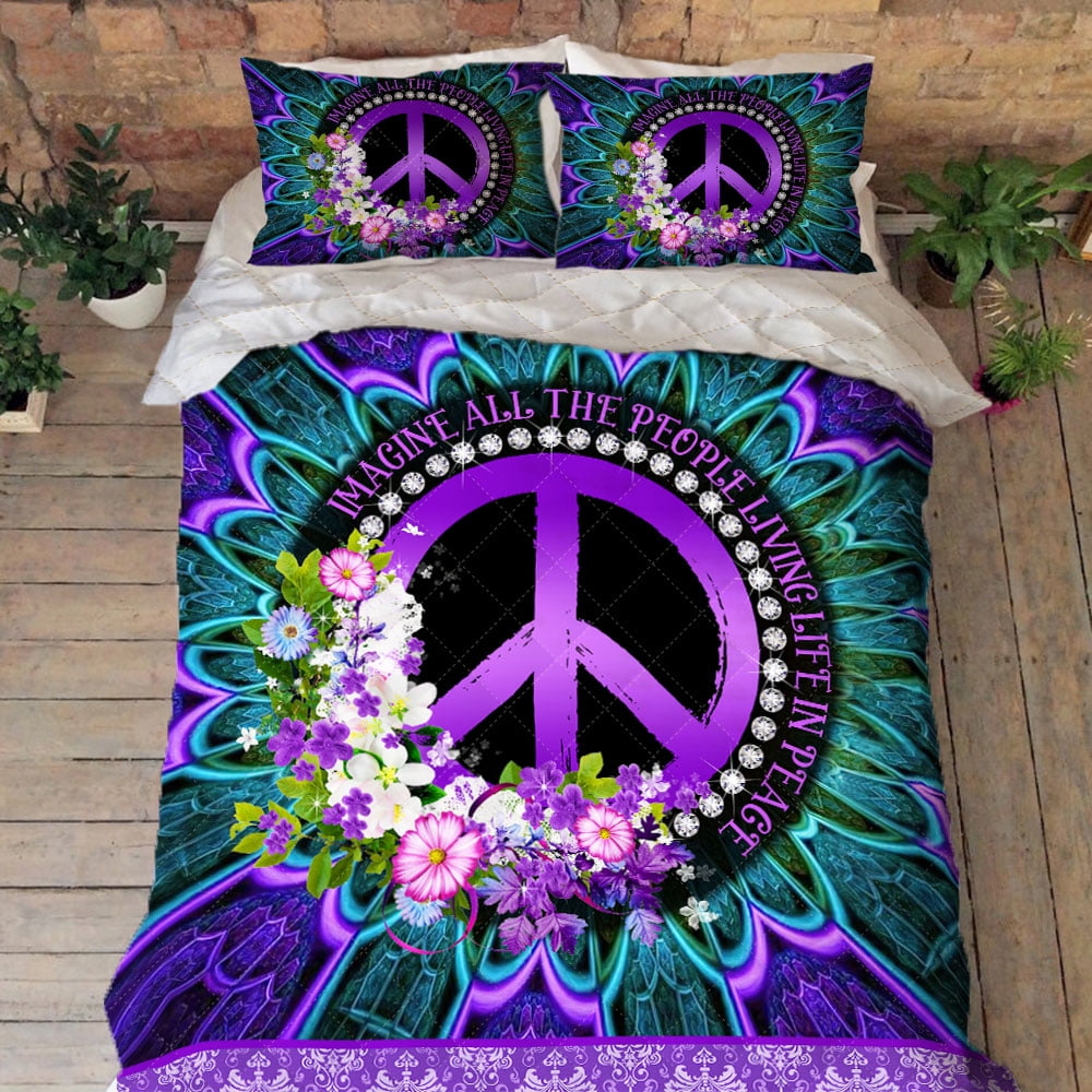 Flagwix 3 Pieces Queen Size Quilt Sets, Hippie Bedding Set Peace Sign ...