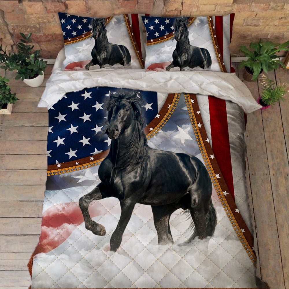 Flagwix Queen Size Horse Quilt Set, American Flag BNT382QS, 3pc with 2 Shams - 80" x 90 ...