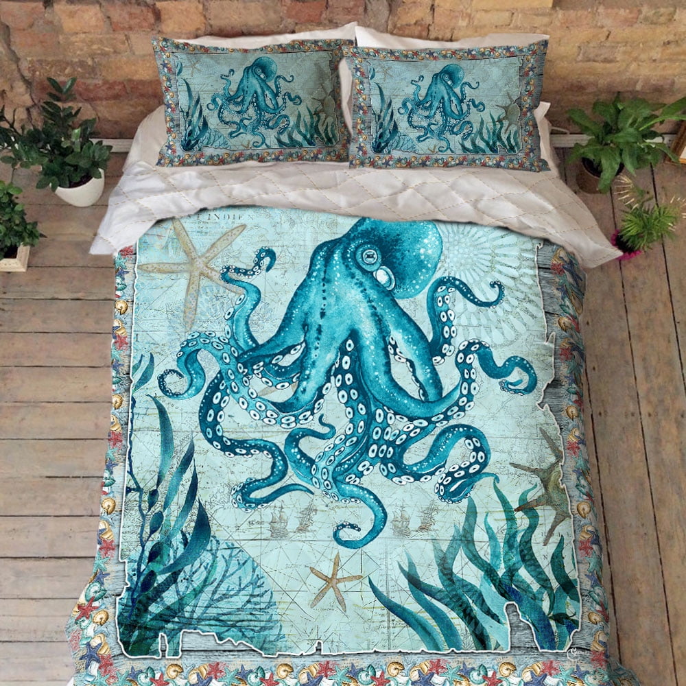 Flagwix 3 Pieces Twin Size Quilt Sets, Octopus Bedding Set Beach Ocean ...