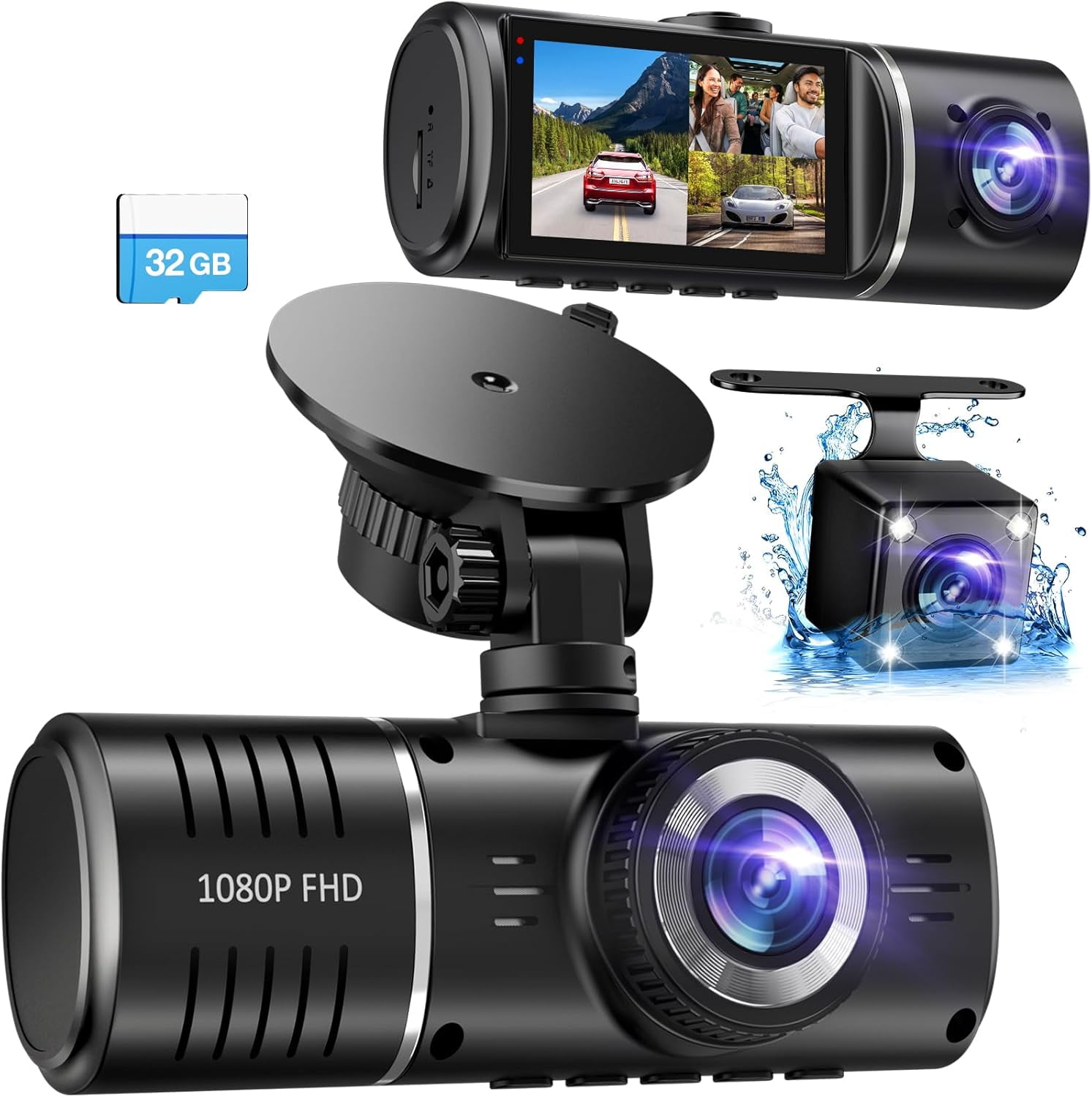 Flaiao 3-Channel Dash Cam Front/Rear/Inside - 1080P Triple Lens with ...