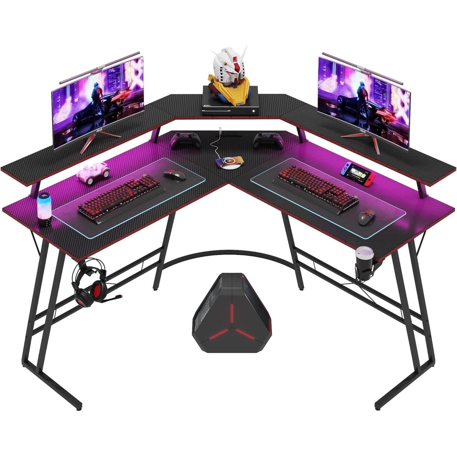 Flamaker Gaming Desk with LED Lights & Power Outlets, L-Shaped Computer Corner Desk with Carbon ...