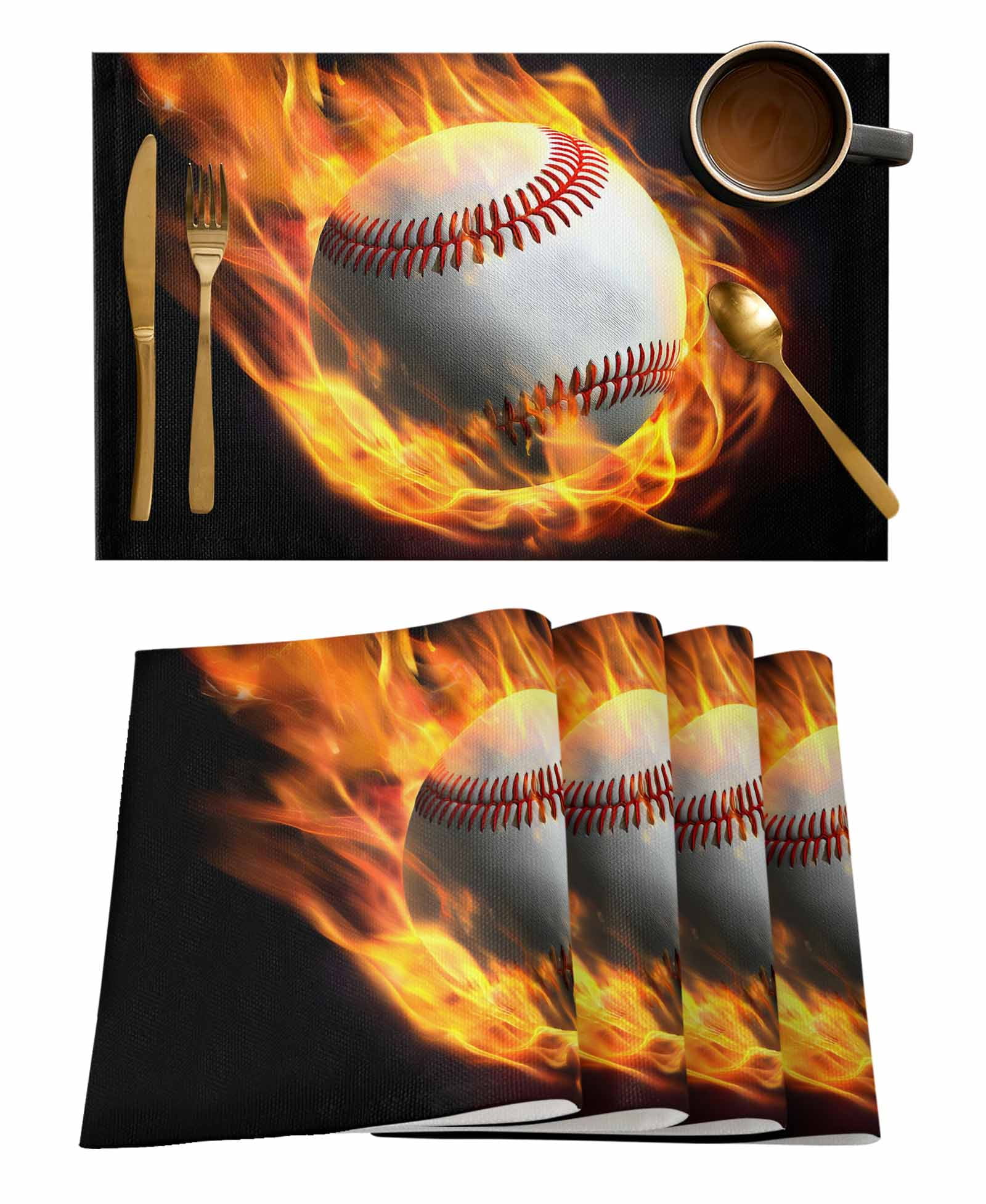 Flame Baseball Placemats Set of 4 Sports Black Background Abstract Art ...