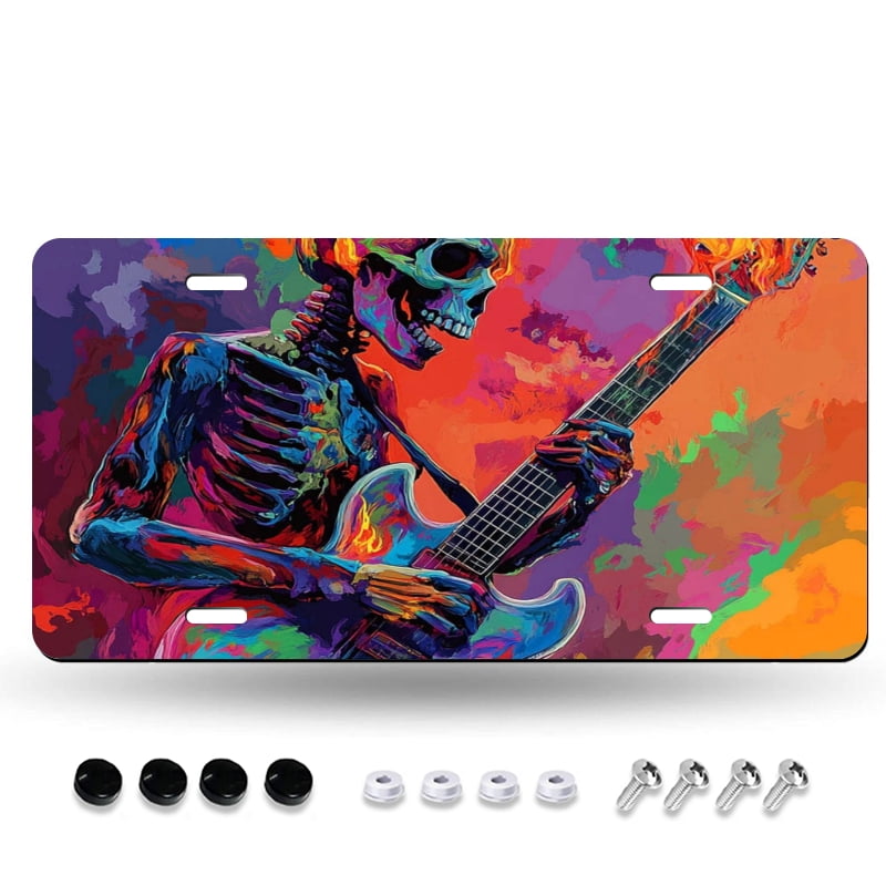 Flame Covered Skeleton Rocking Colorful Guitar License Plate Frame ...