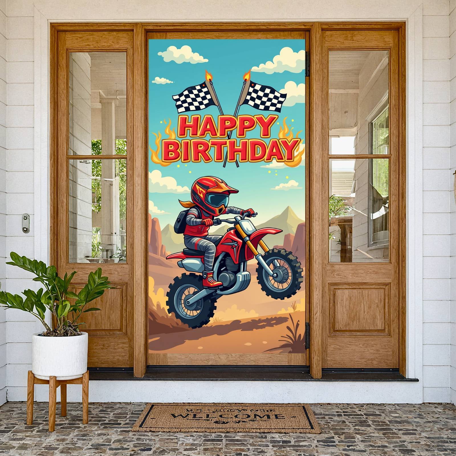 Flame Design Banner Checkered Flag Motorcycle Birthday Display Racing ...