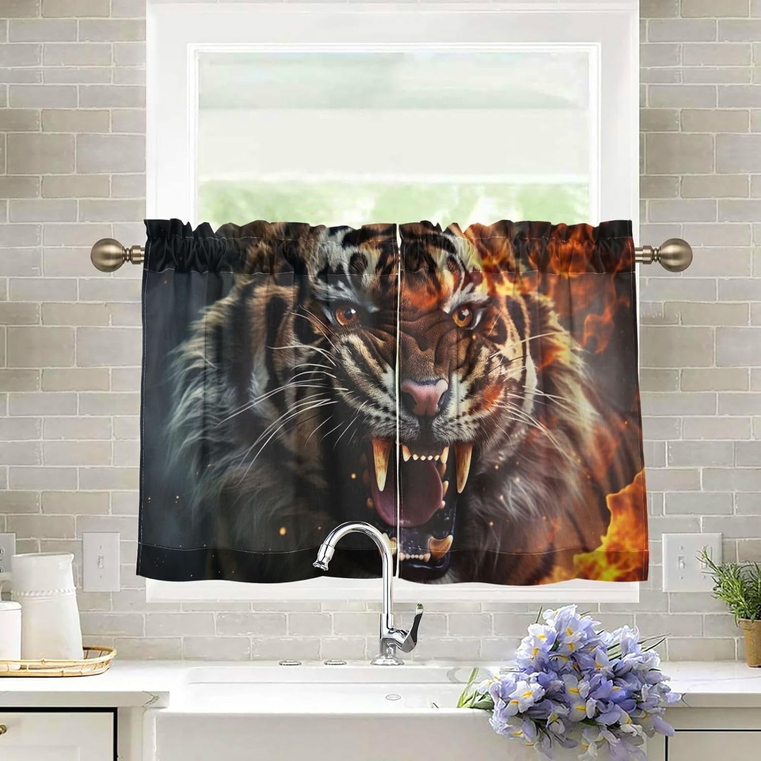 Flame Fierce Tiger Half Window Tier Curtains 36 Inch Blackout Thermal ...