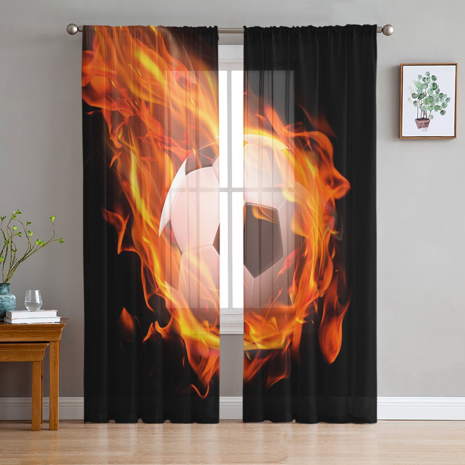Flame Football Black Soccer Sheer Curtains for Living Room ration ...