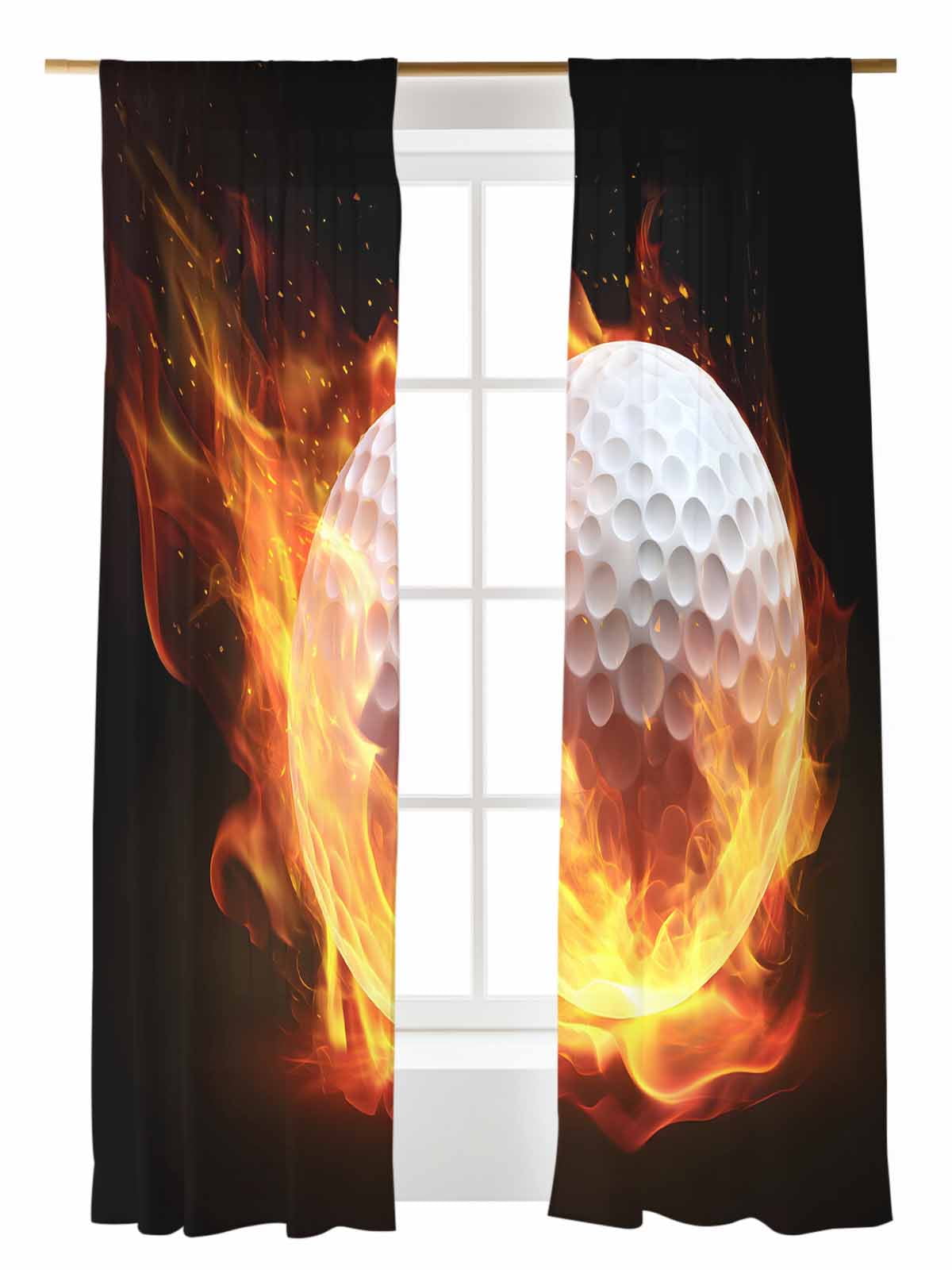 Flame Golf Ball Sheer Curtains 2 Panels Set Sports Black Background ...