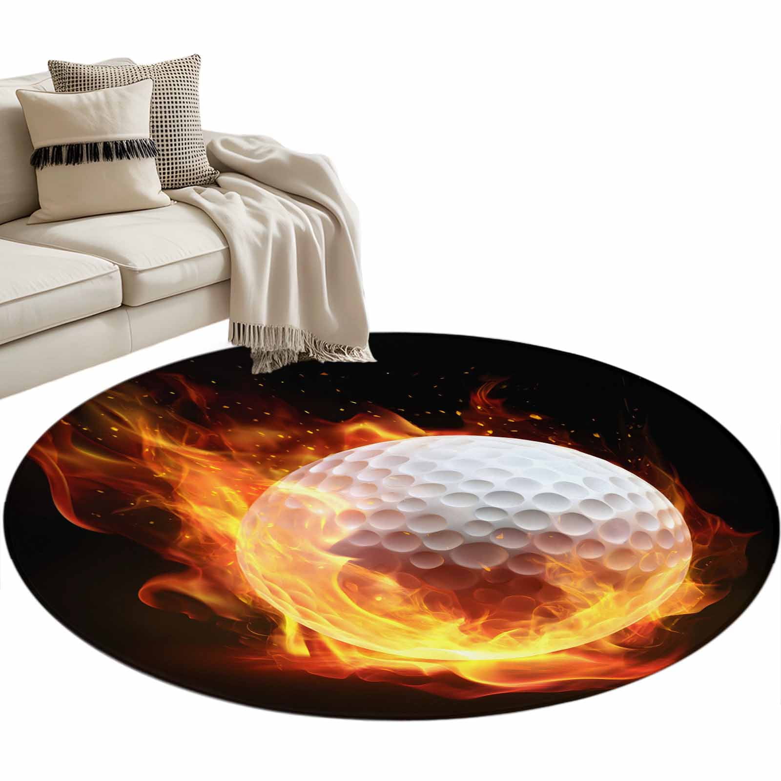 Flame Golf Ball Washable Area Rug 3 ft Sports Black Background Abstract ...