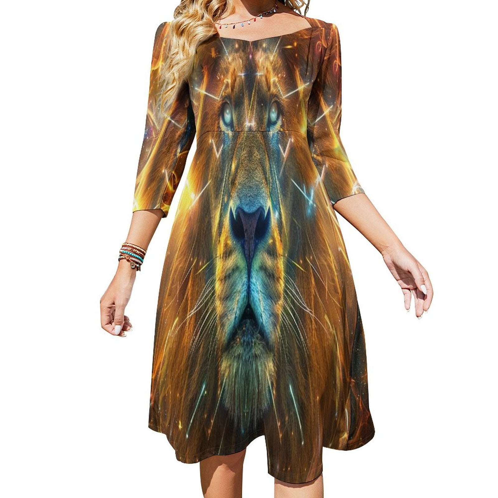 Flame Lion Portrait Sweetheart Knot Flared Dress Fashion Design Large ...