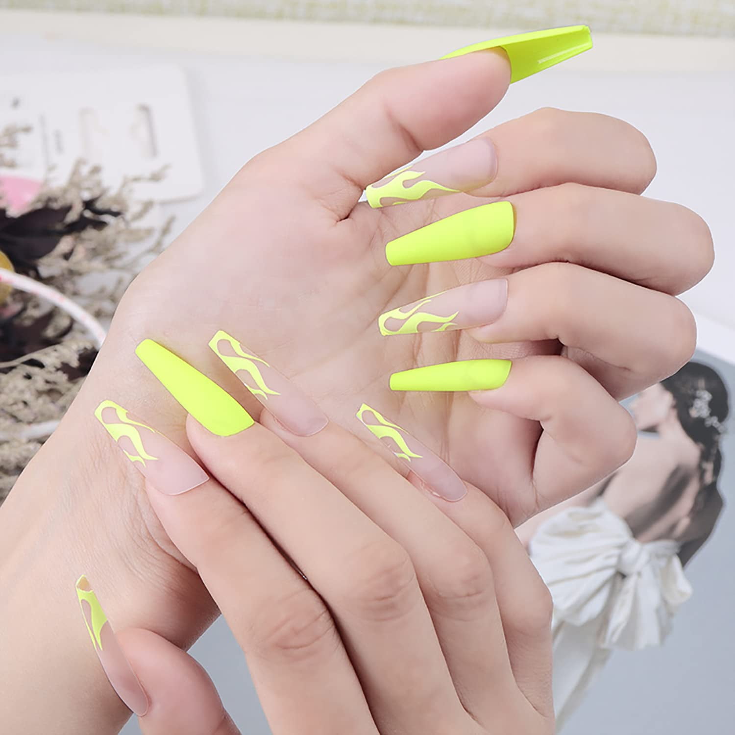 Flame Press On Nails Coffin Long Fake Nails Acrylic Full Cover