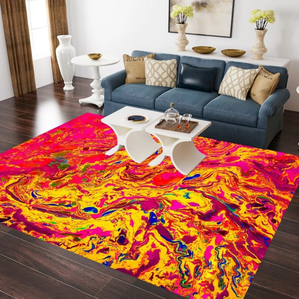 Flame Red Gold Modern Abstract Marble Pattern Area Rugs Aesthetic ...