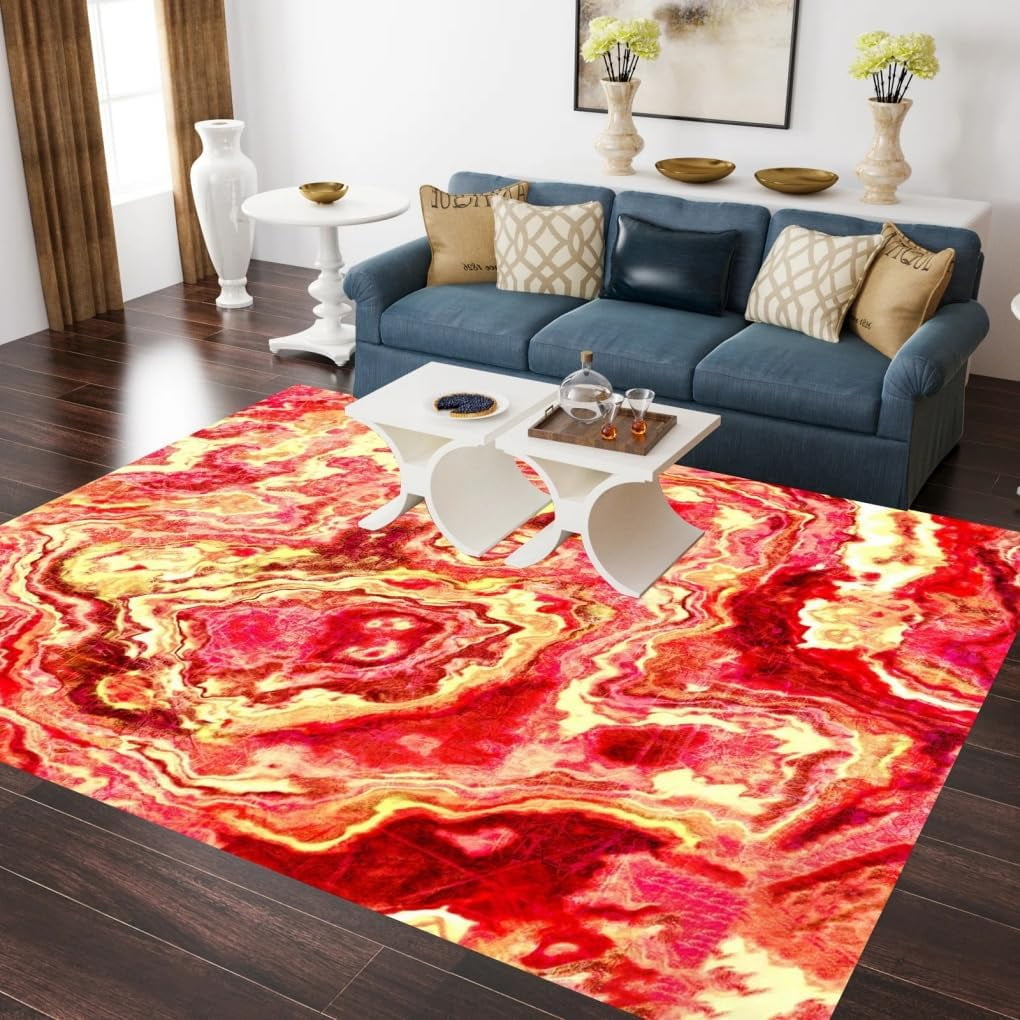 Flame Red Gold Modern Abstract Marble Texture Area Rugs Aesthetic ...