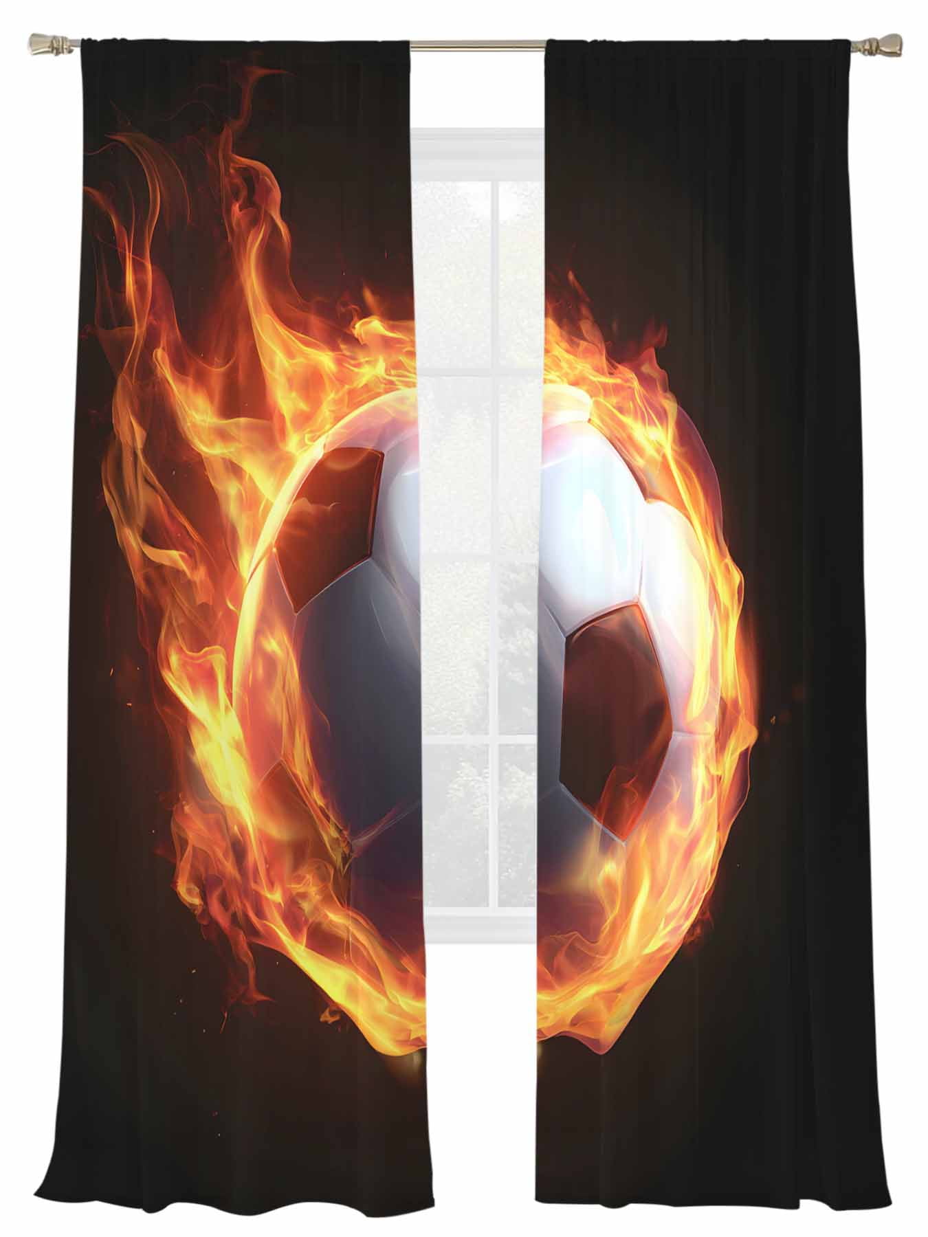 Flame Soccer Sheer Curtains 96 Inch Long 2 Panels, Sports Black ...