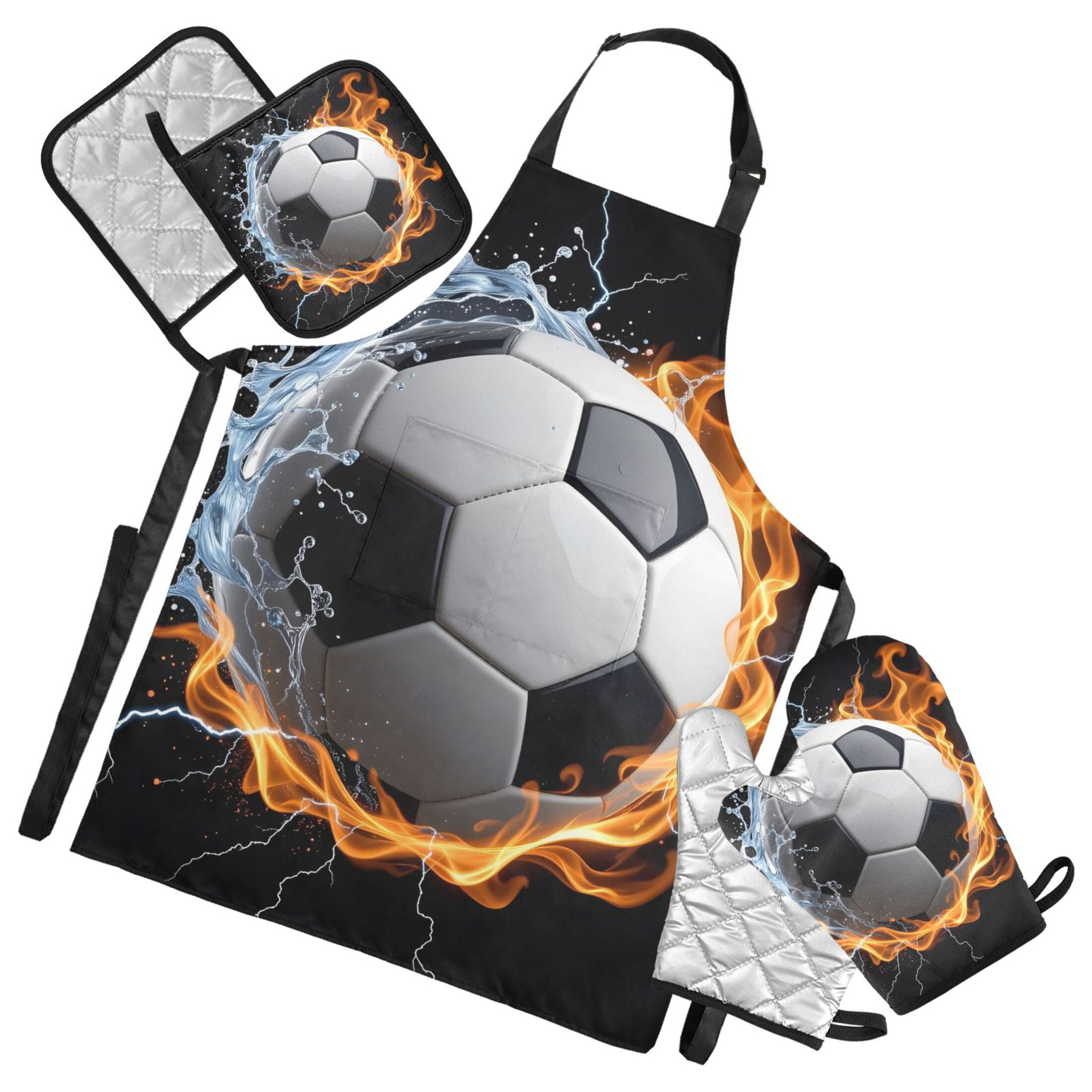 Flame Water Wrap Football Apron Set with Oven Mitts Pot Holders Set of ...