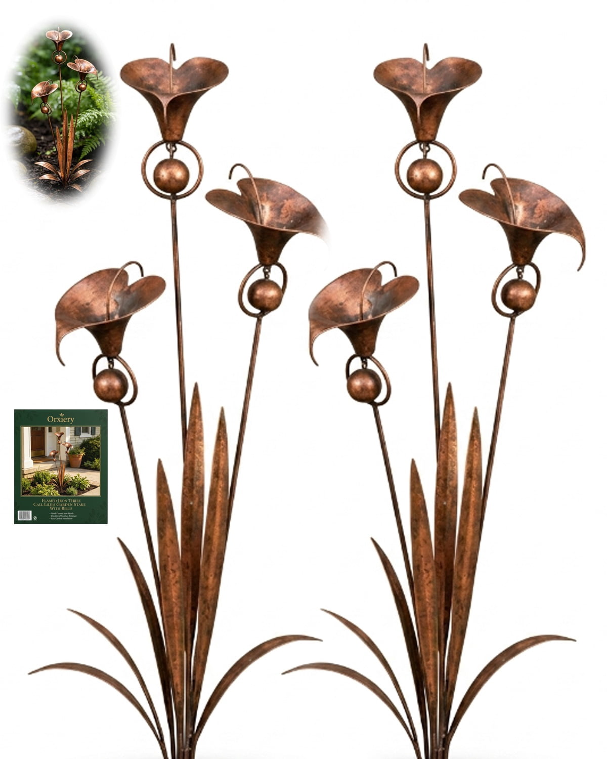 Flamed Copper Calla Lily Garden Stake with Bells, Metal Flower Yard Art ...