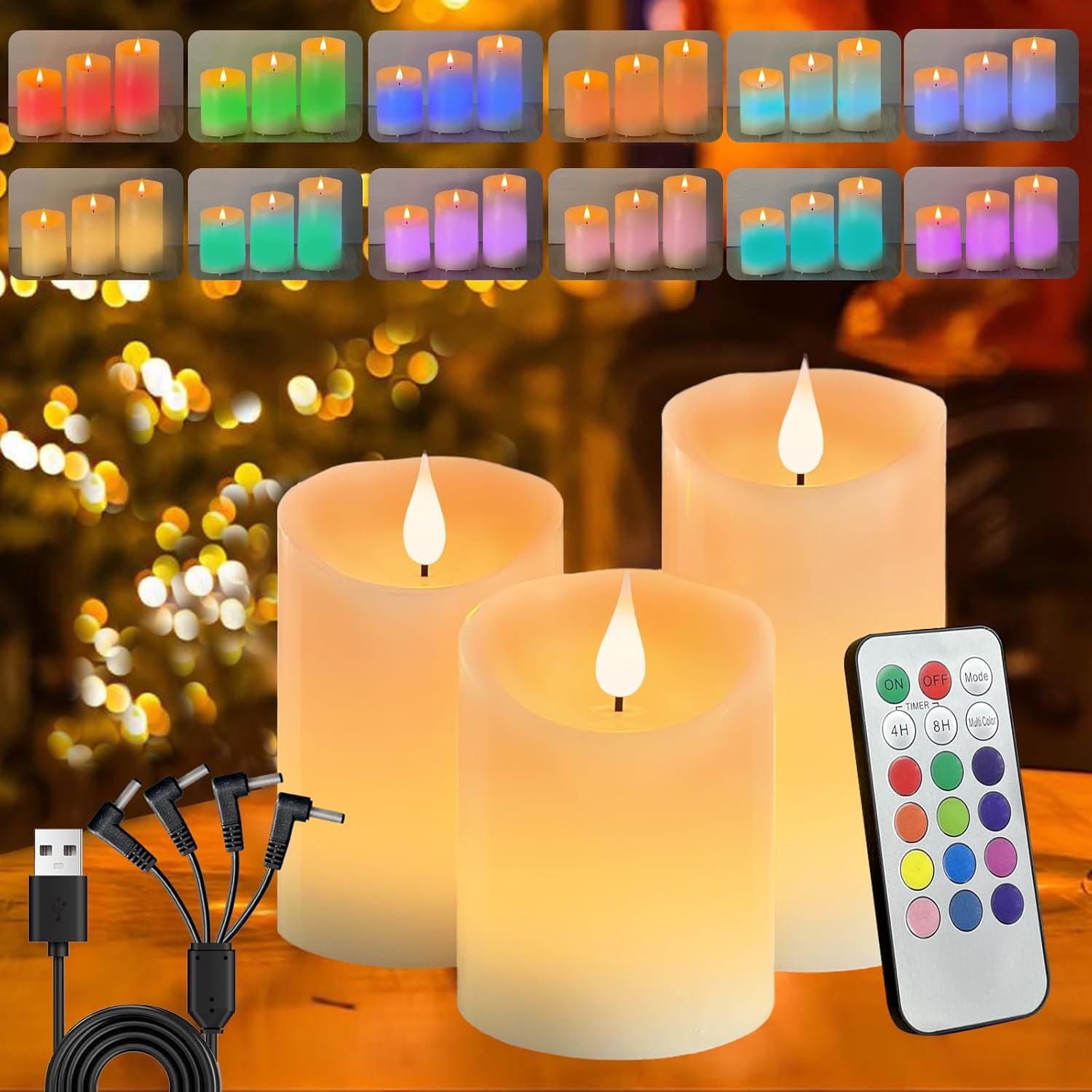 Flameless Candle RGB Set, Flickering LED Pillar Real Wax Candle with ...