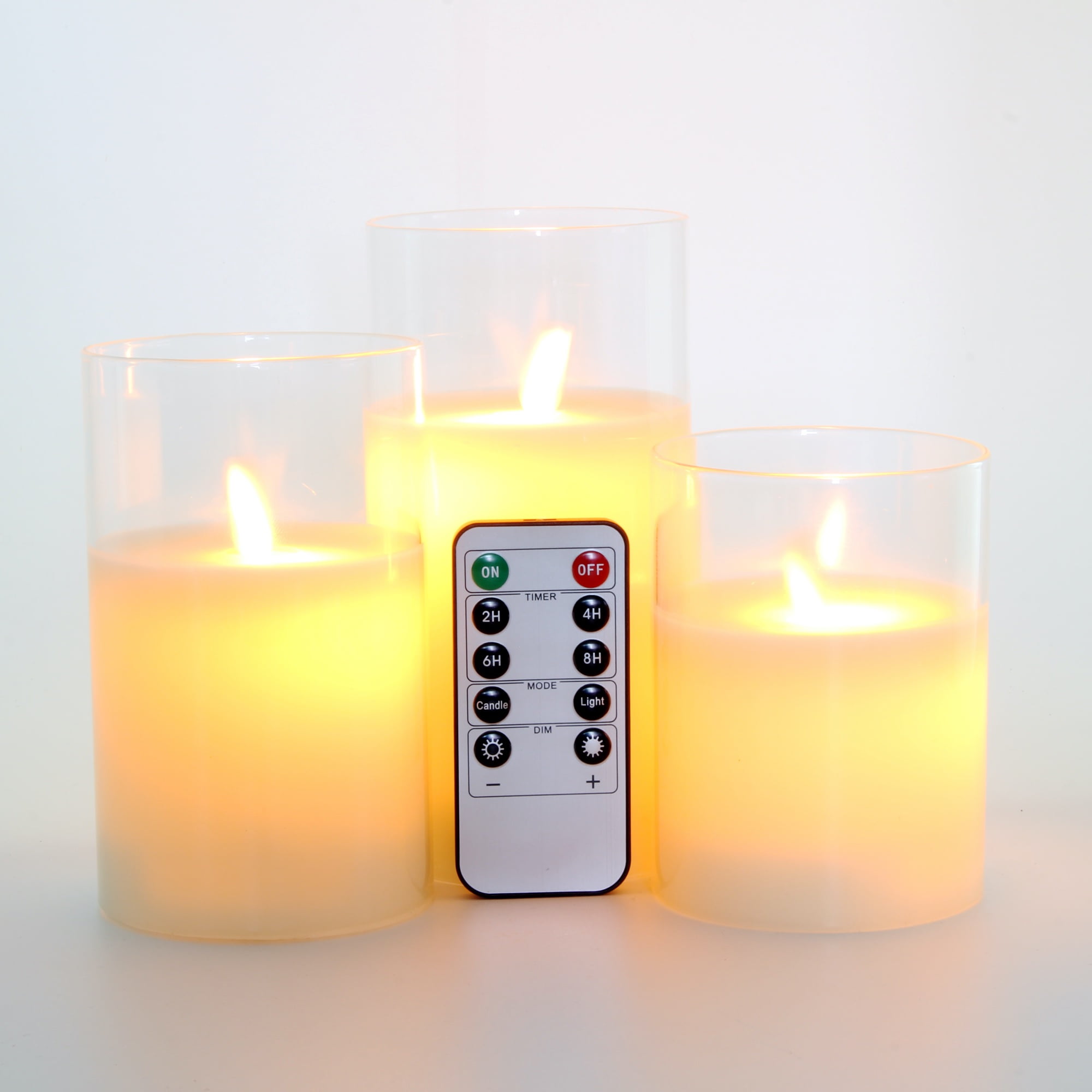 Flameless Candles (D 3" X H 4" 5" 6") Glass Real Wax Pillars & Moving ...