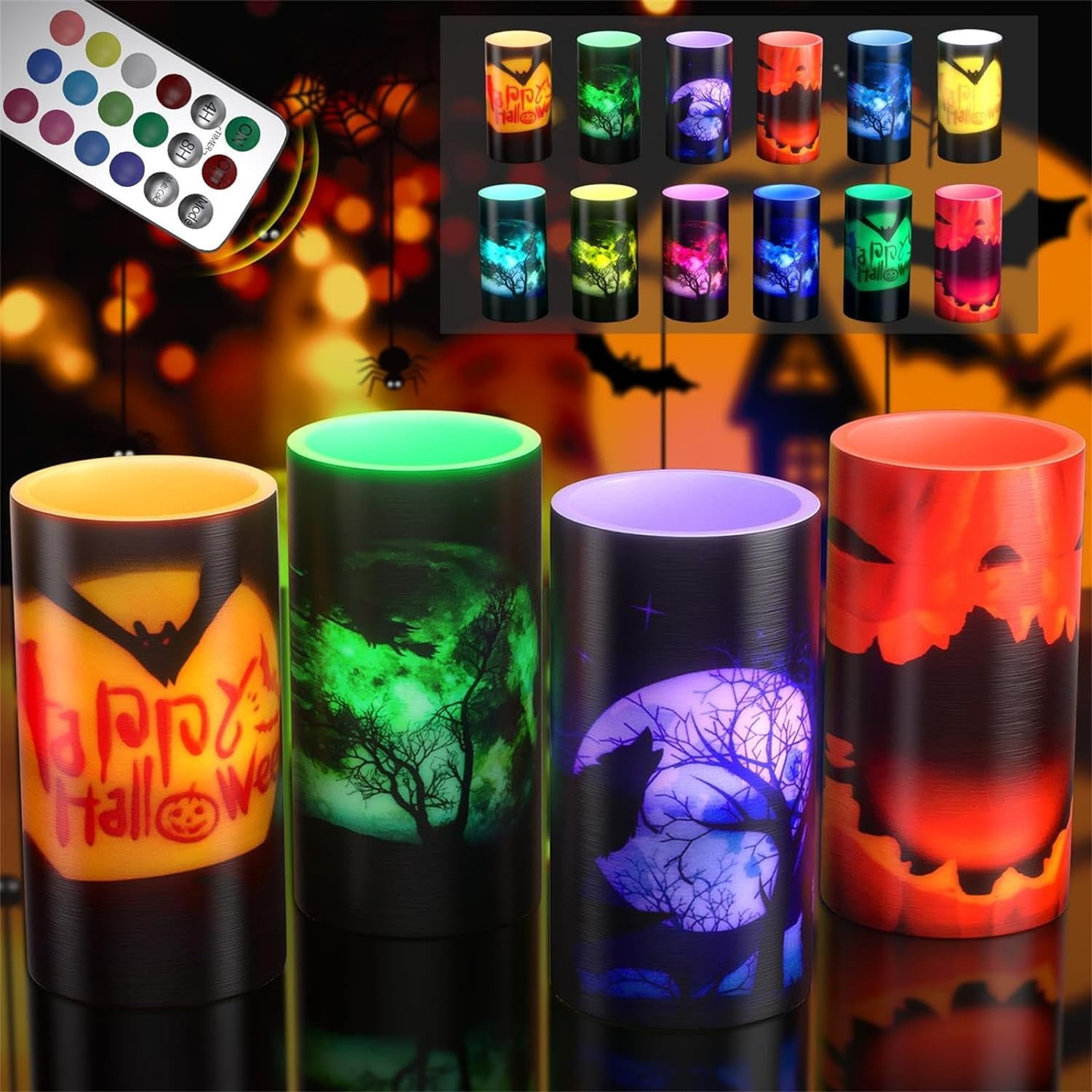 Flameless Flickering Pillar Candles - 4-Pack of RGB LED Candles with ...