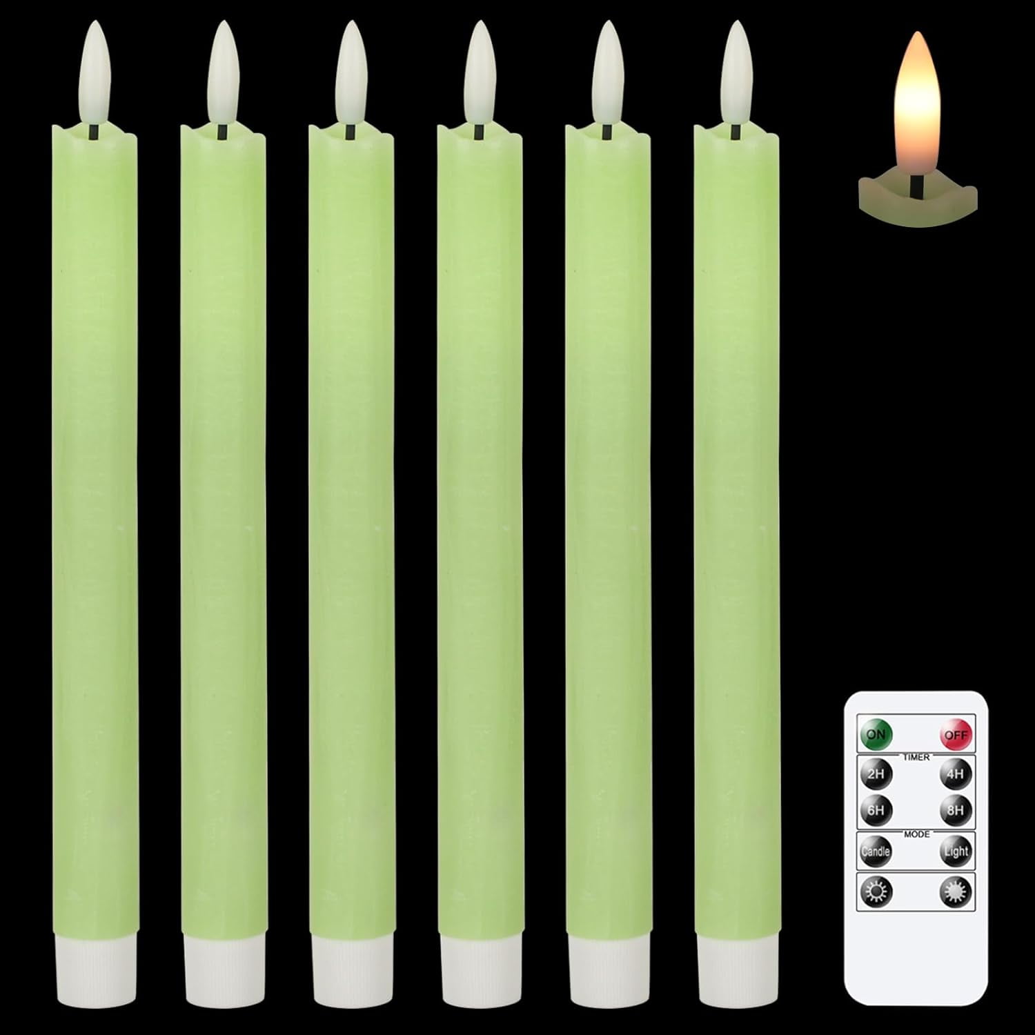 Flameless Green Taper Candles Flickering with 10-Key Remote, Battery ...