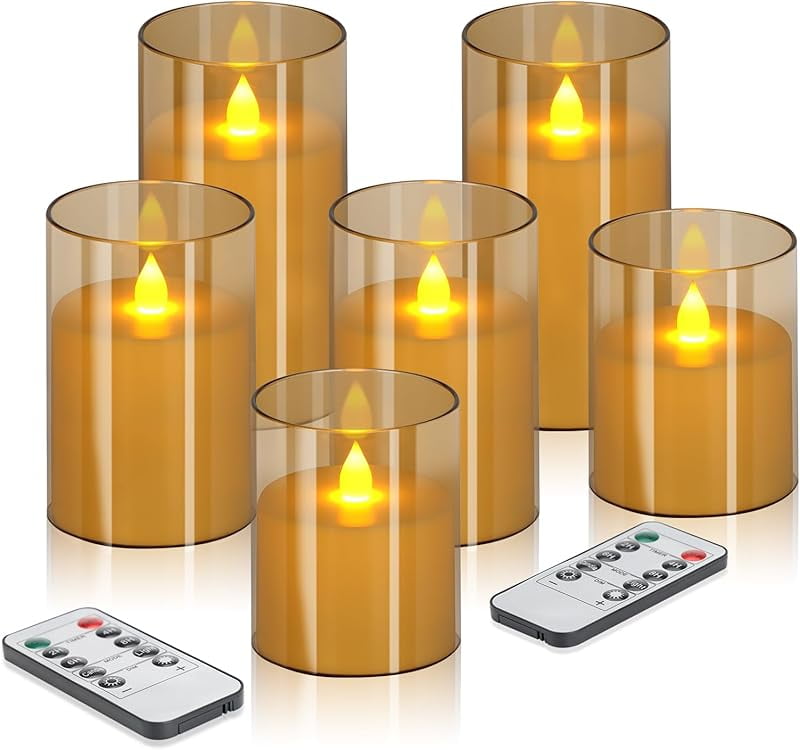 Flameless LED Candles with Remote Set of 3 Battery-Operated Acrylic Gray Pillars, 4", 5", 6" x 3 ...