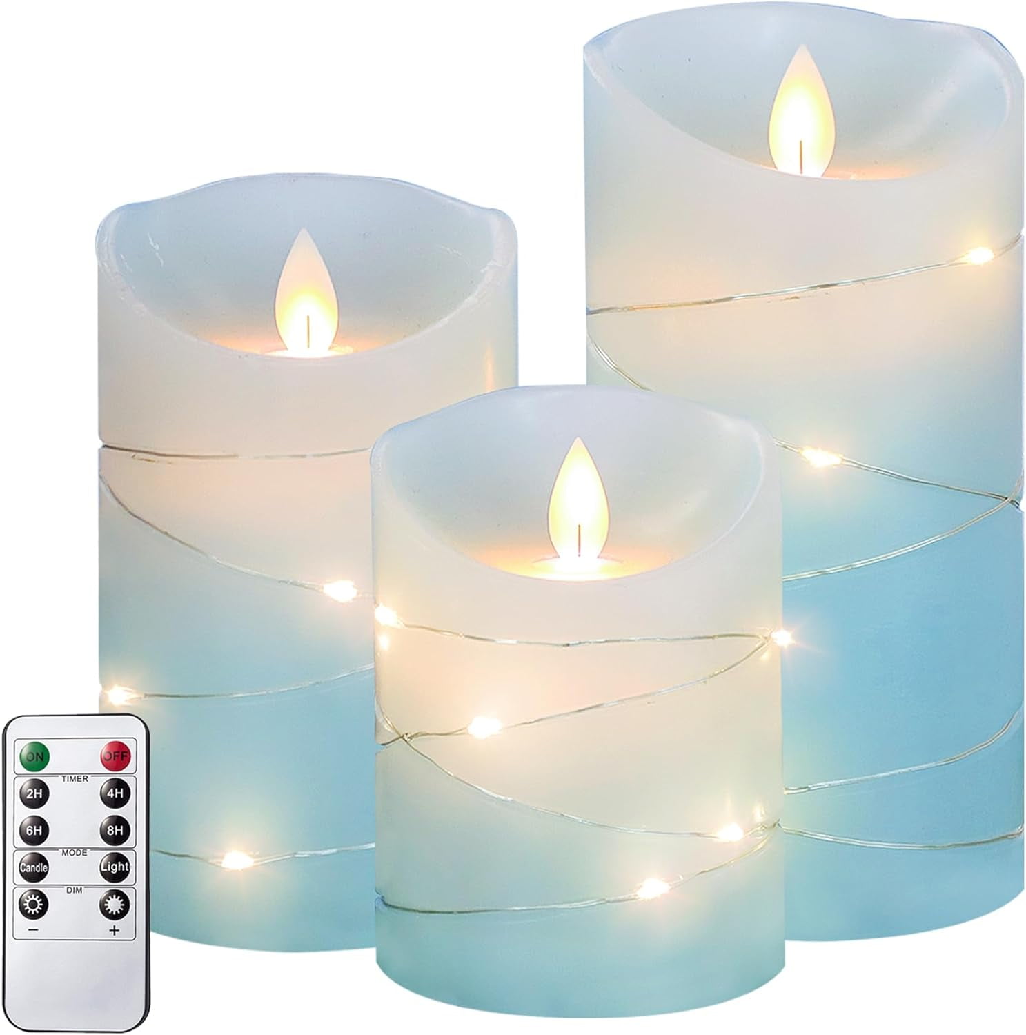 Flameless Moving Wick Candles with String Lights - Set of 3 Real Wax ...