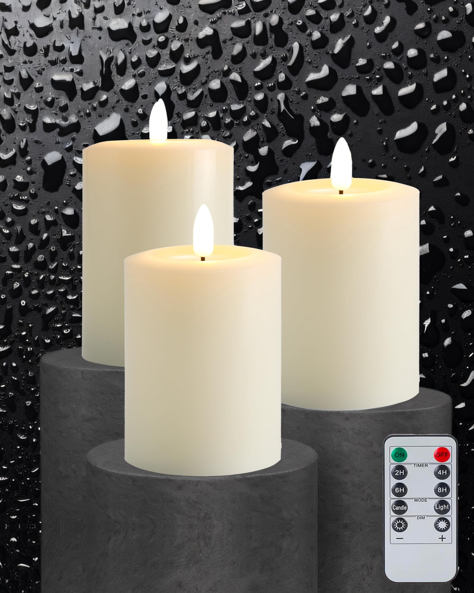 Flameless Pillar Candles Ivory - D3"H4" Large Set of 3 for Home Decor ...