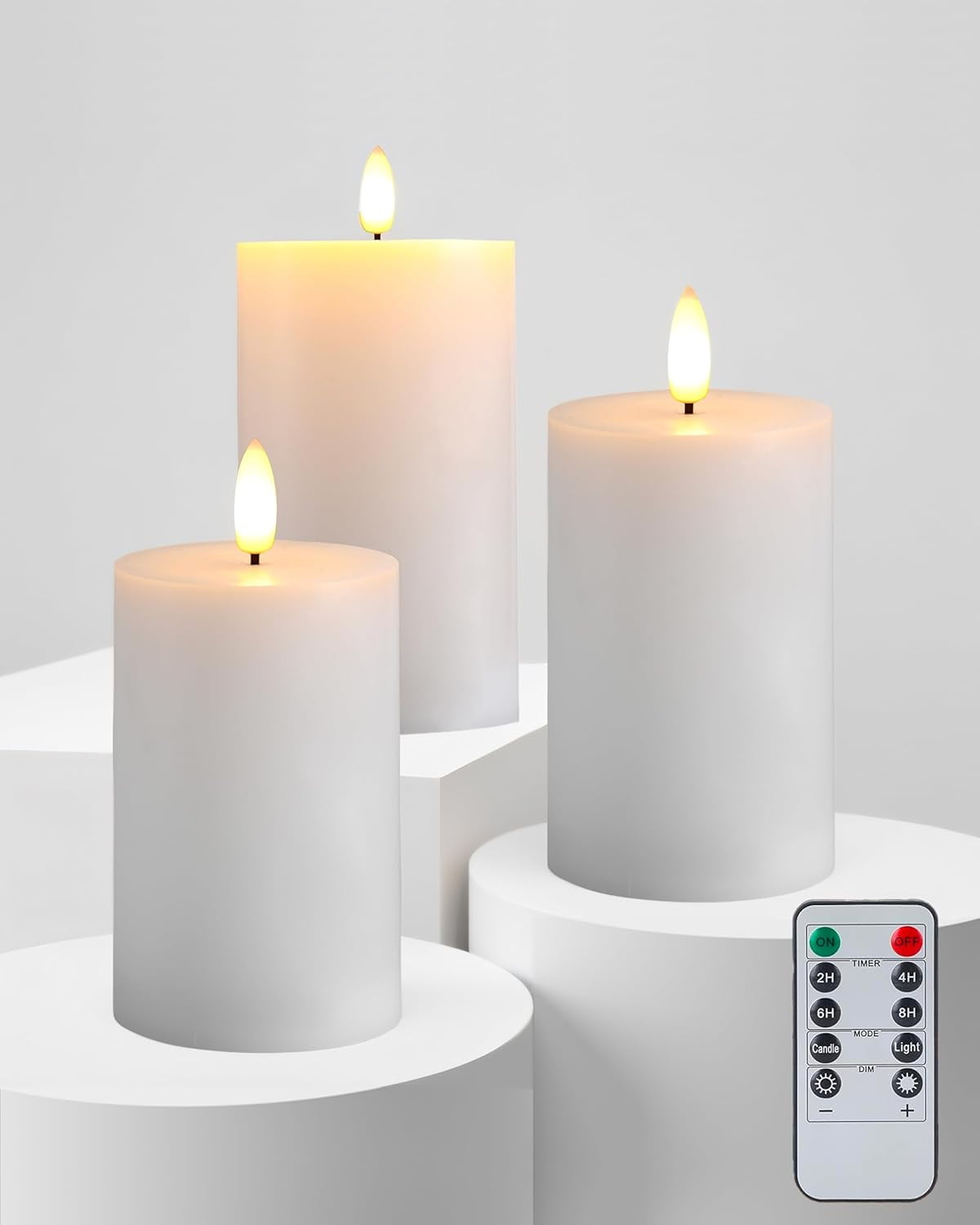 Flameless Pillar Candles with Remote Timer, White, Flickering Realistic ...