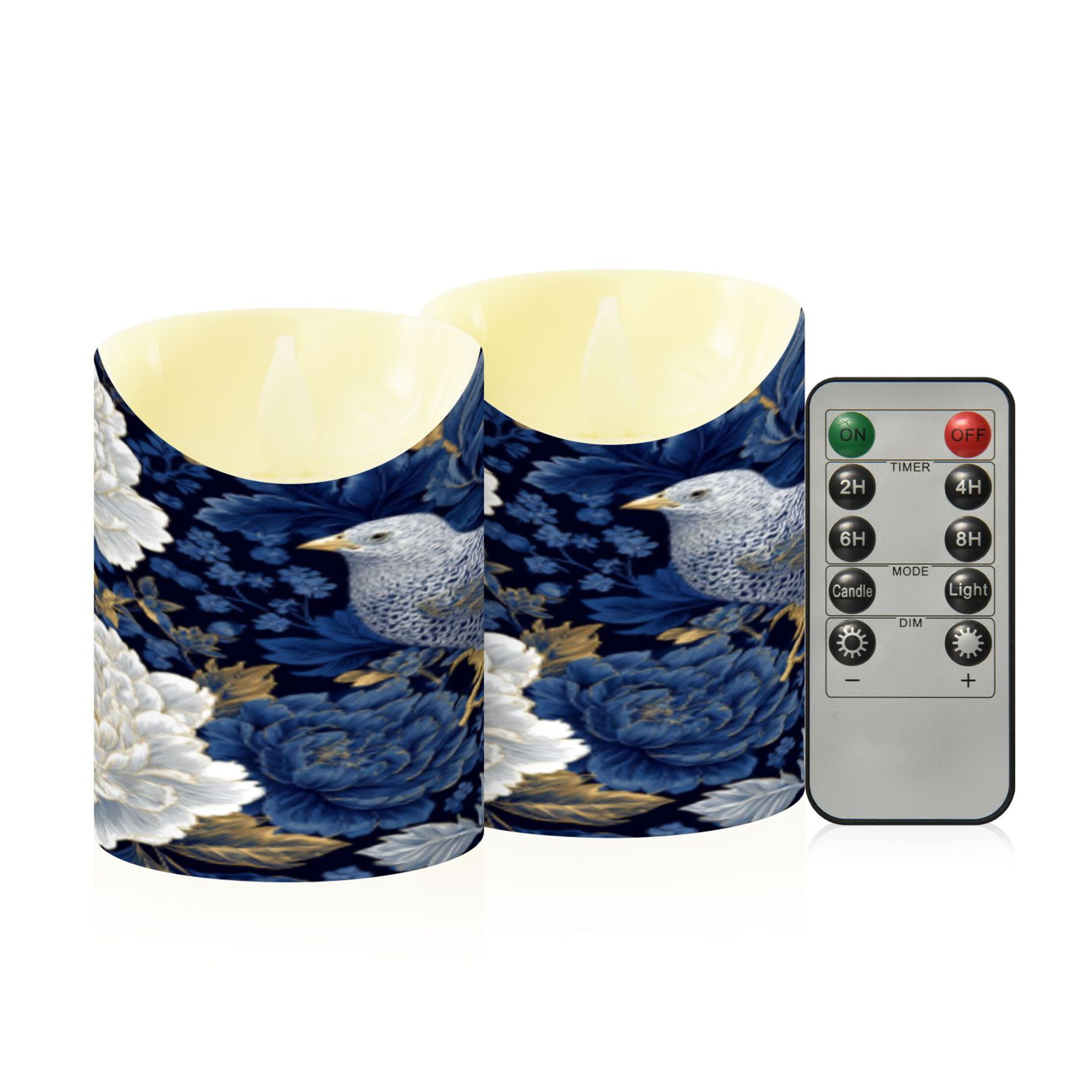 Flameless Themed LED Candles Decorative With Indigo Finch Pattern ...