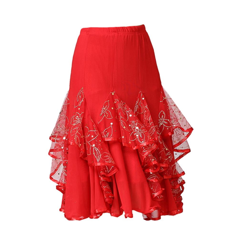 Flamenco Ballroom Waltz Dance Skirt Sequined Modern Costumes Red B Red ...