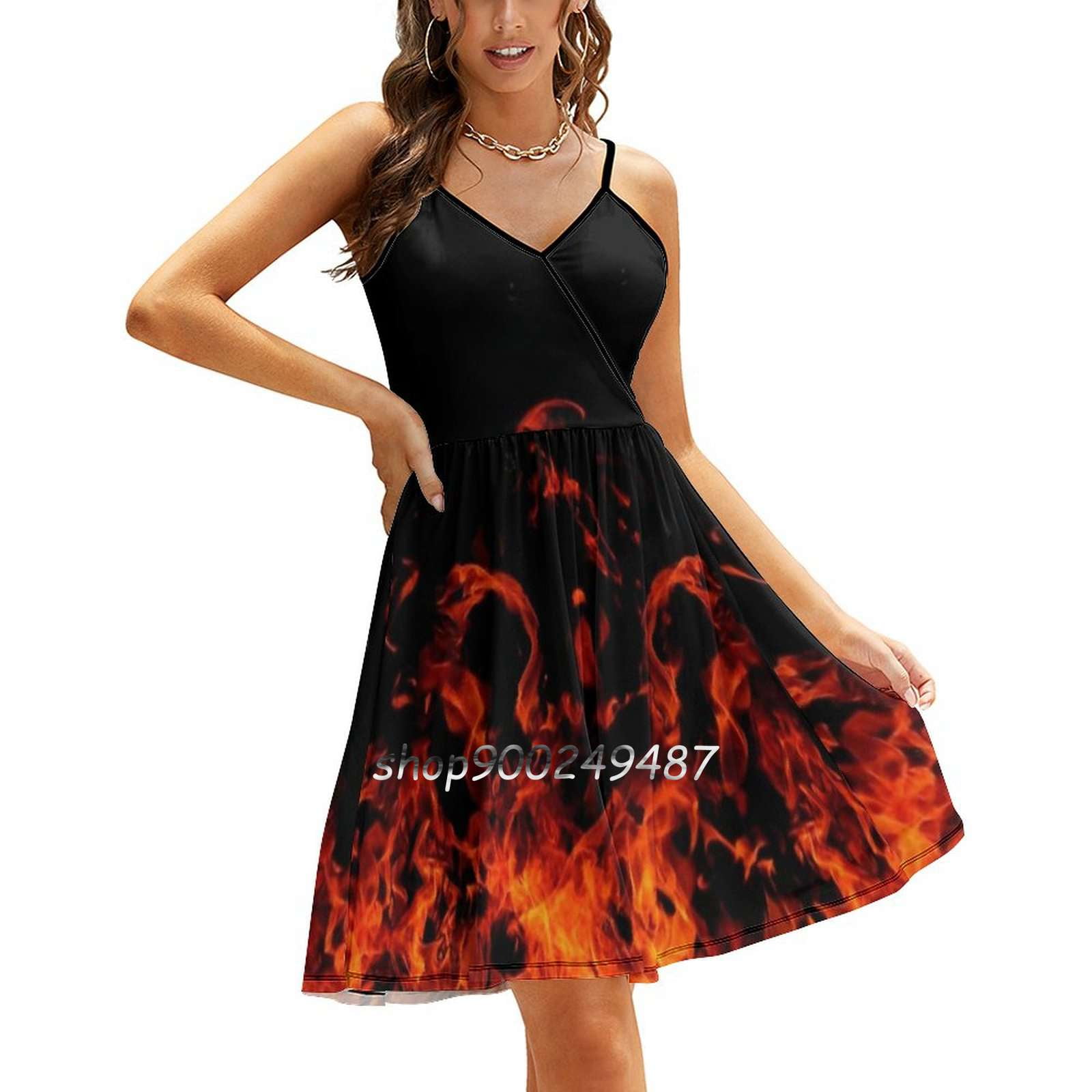 Flames Of Fury Square Neck Dress New Plus Size Elegant Women Waist ...