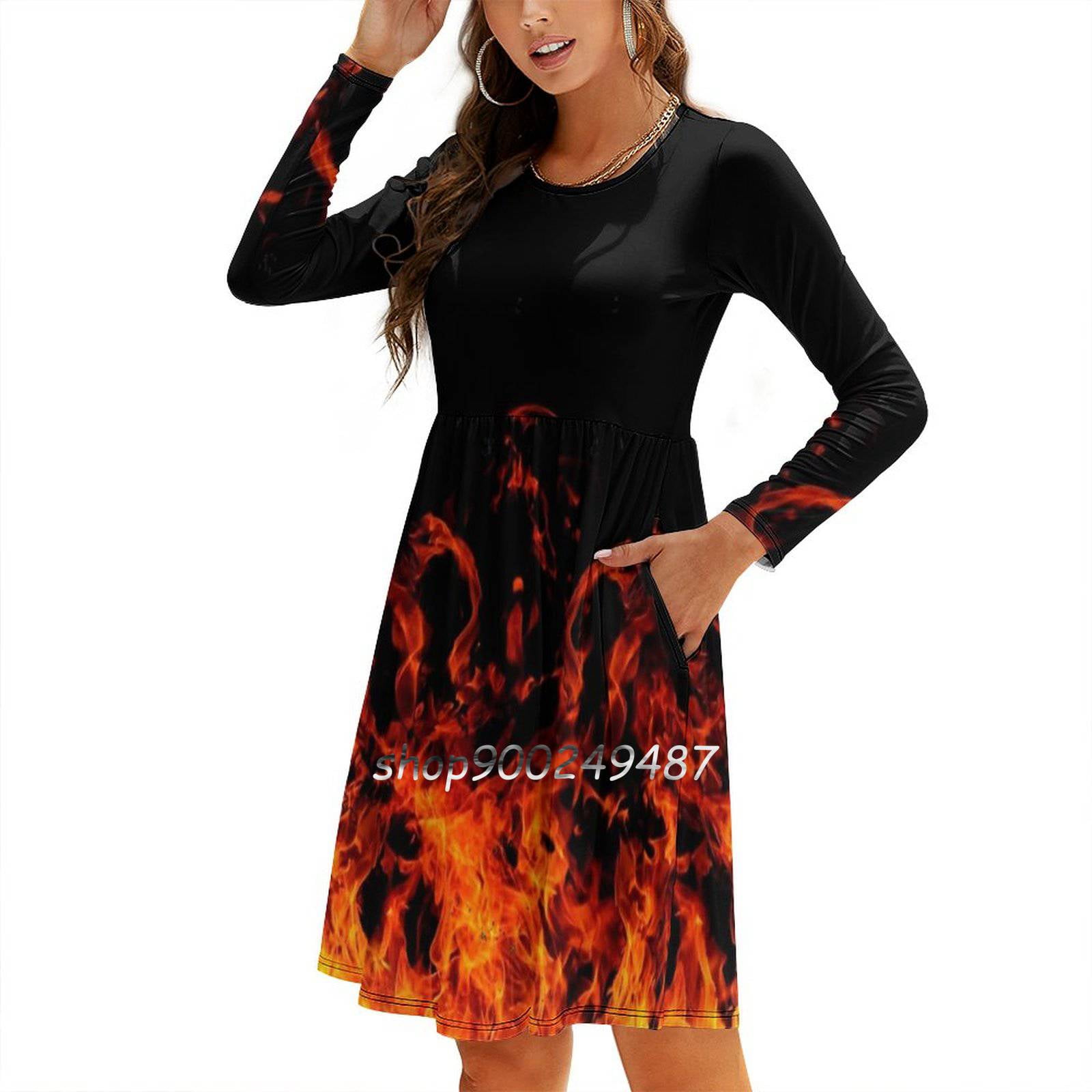 Flames Of Fury Square Neck Dress New Plus Size Elegant Women Waist ...