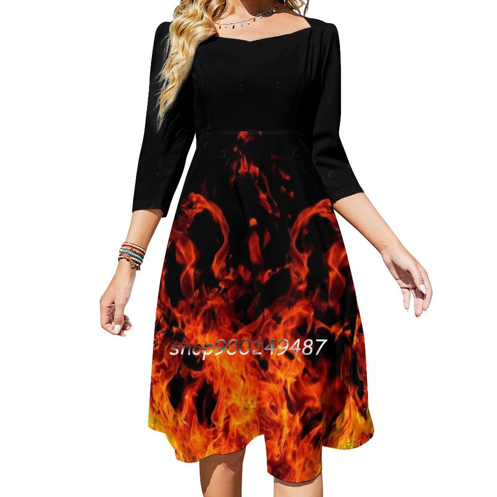 Flames Of Fury Square Neck Dress New Plus Size Elegant Women Waist ...