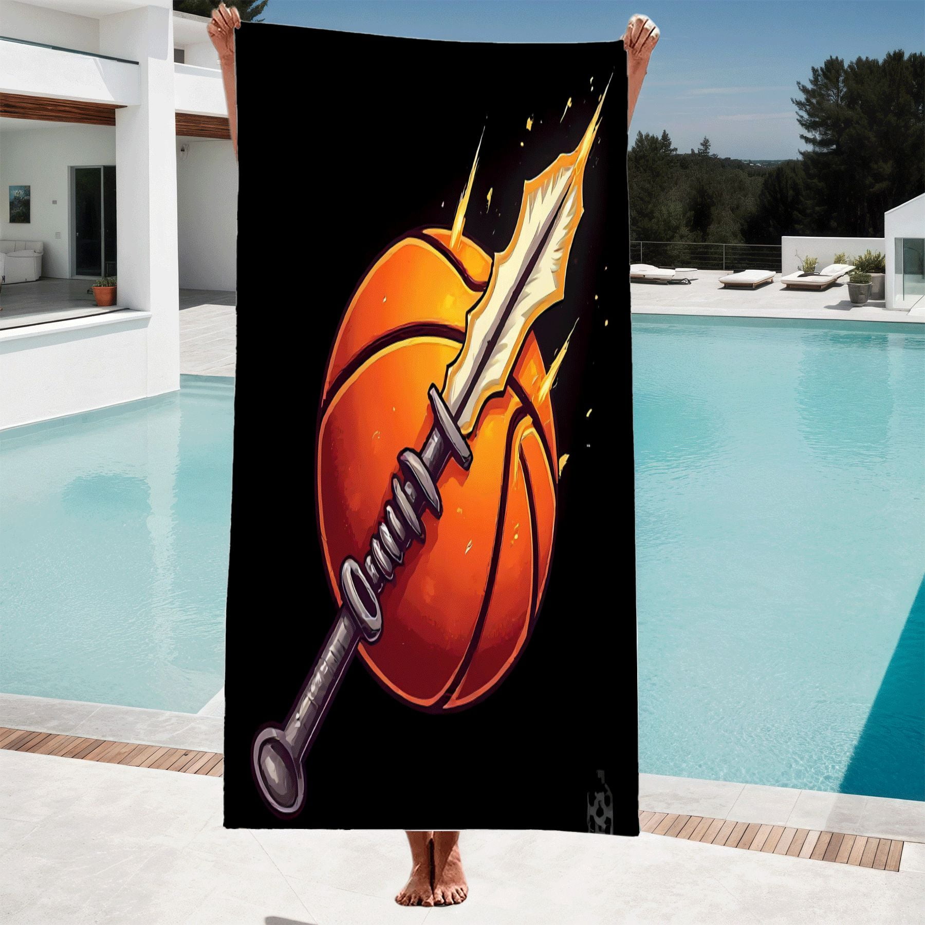 Flaming Basketball Design Beach Towel - Vibrant Sports & Fantasy for ...