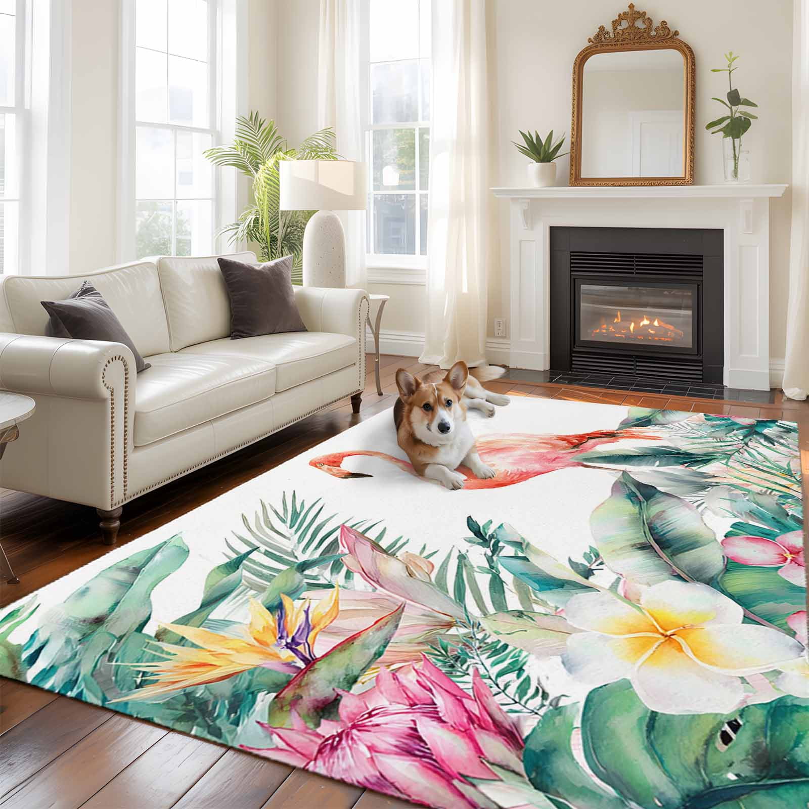 Flaming Bird Large Area Rugs 8x10 ft Summer Monstera Bird of Paradise ...