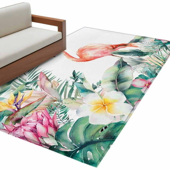 Flaming Bird Washable Area Rug 4 x 6 ft Summer Monstera Bird of ...