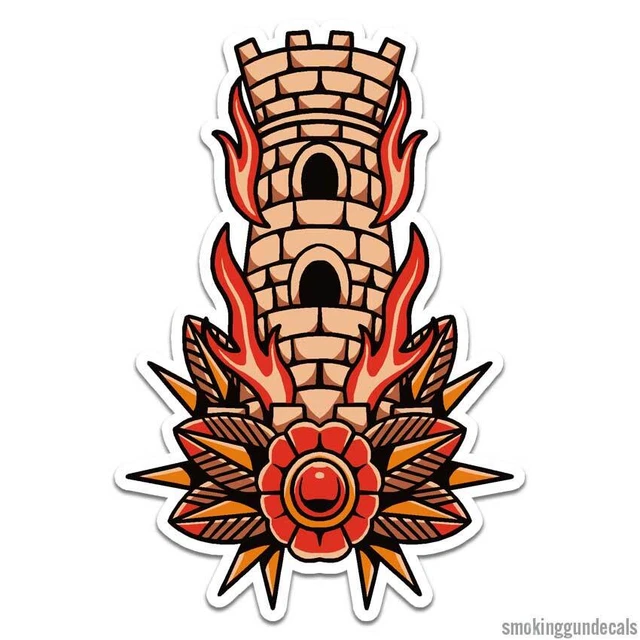 Flaming Castle Tower Sticker Indoor Outdoor Phone Decal Water Bottle ...
