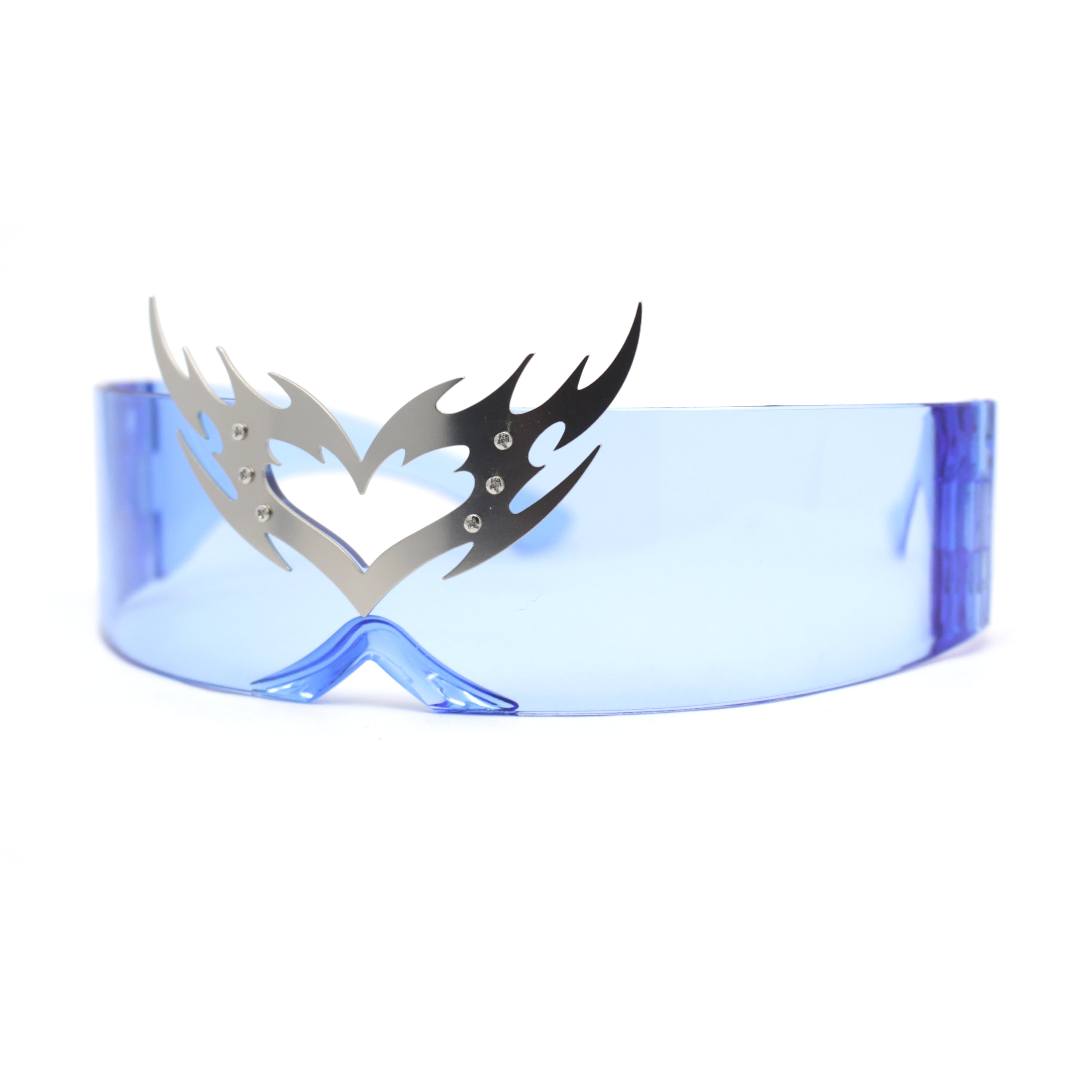 Flaming Heart Crown Tiara Futuristic Wrap Around Shield Sunglasses Blue ...