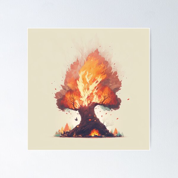Flaming Inferno Tree: Minimalist Fantasy Illustration Poster Wall Art ...