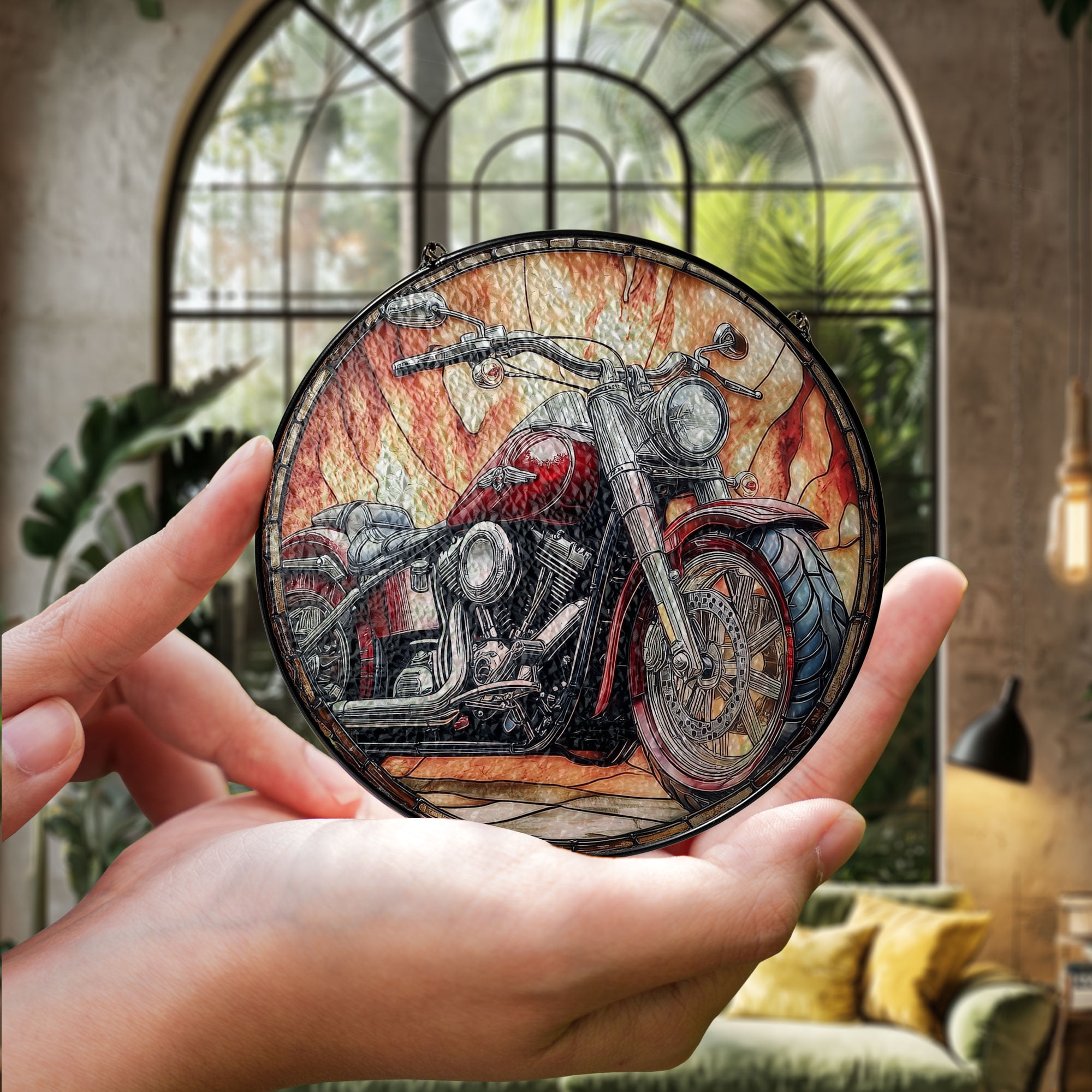 Flaming Motorcycle 2D Flat Stained Glass Window Hanging - Vintage Biker ...