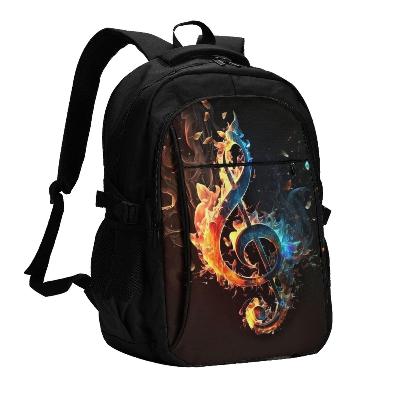 Flaming Music Notes Fire Laptop Backpack with USB Charging Headphone ...