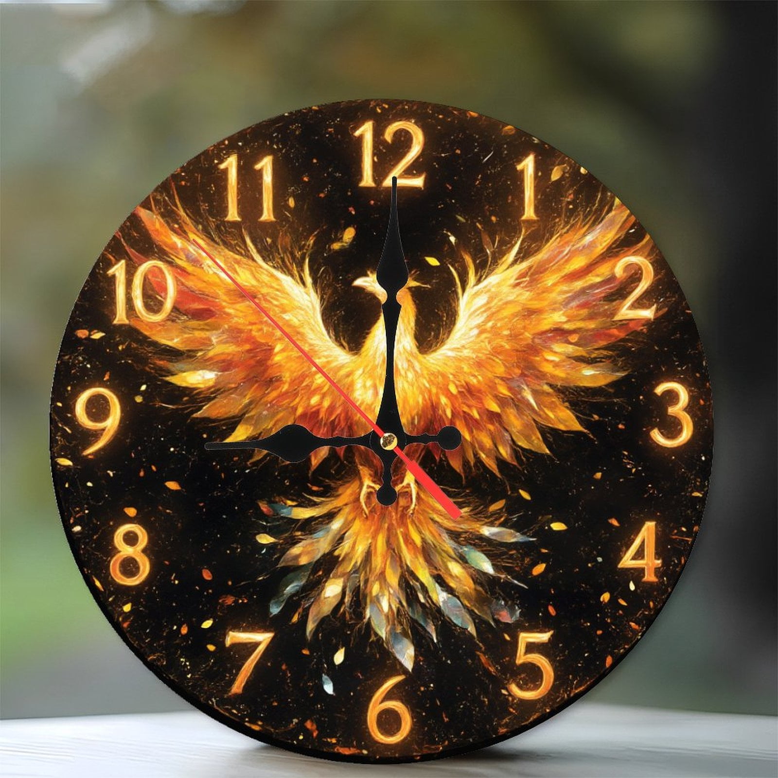 Flaming Phoenix Wall Clock Unique Decor Home Gift 10-Inch Silent Wooden ...