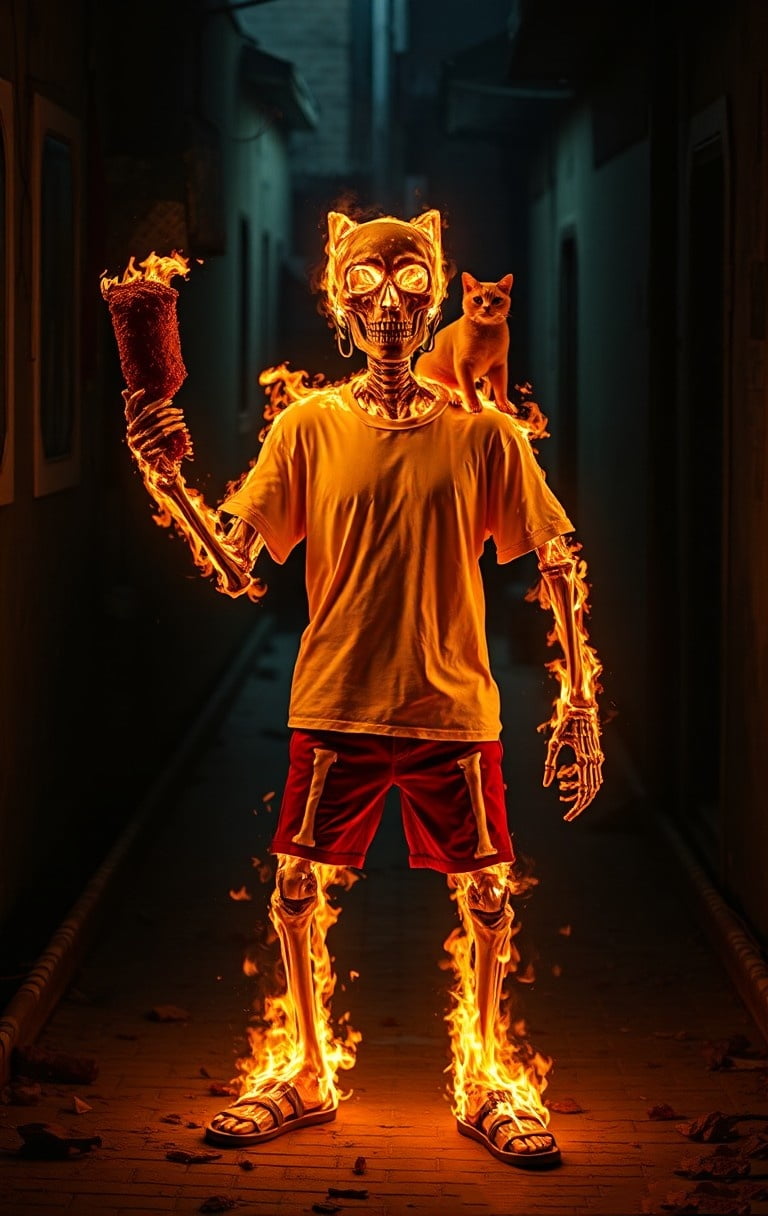 A Flaming Skeleton Covered In Flames Wearing White T Shirt Red Shorts ...