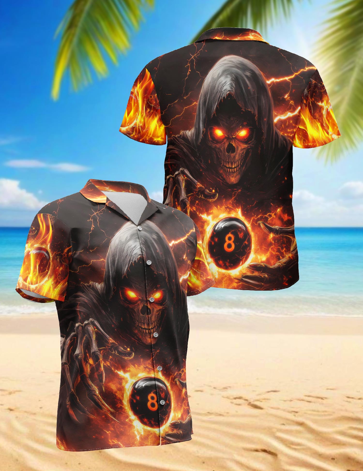 Flaming Skull 8 Ball Hawaiian Shirt for Men, Dark Pool Style, Button ...