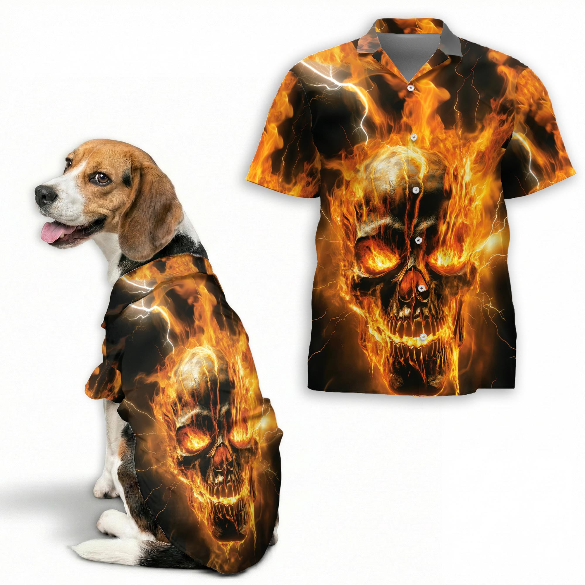Flaming Skull Hawaiian Shirt, Fire Skull Lightning Graphic Button Down ...